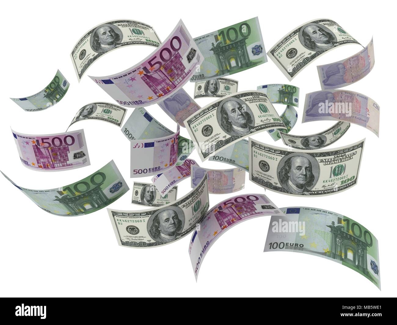 Fliegende Geldscheine 3d-Abbildung auf weißem Hintergrund ...