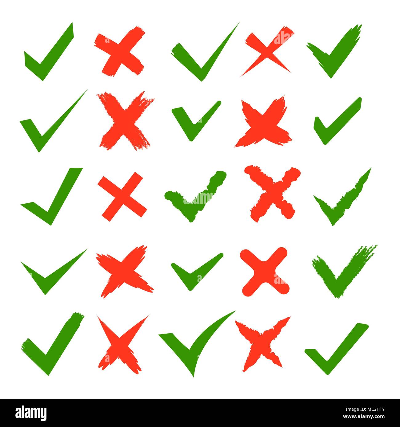Kreuze und Zecken. Grüne Häkchen korrekt und rot durchgestrichenen ...