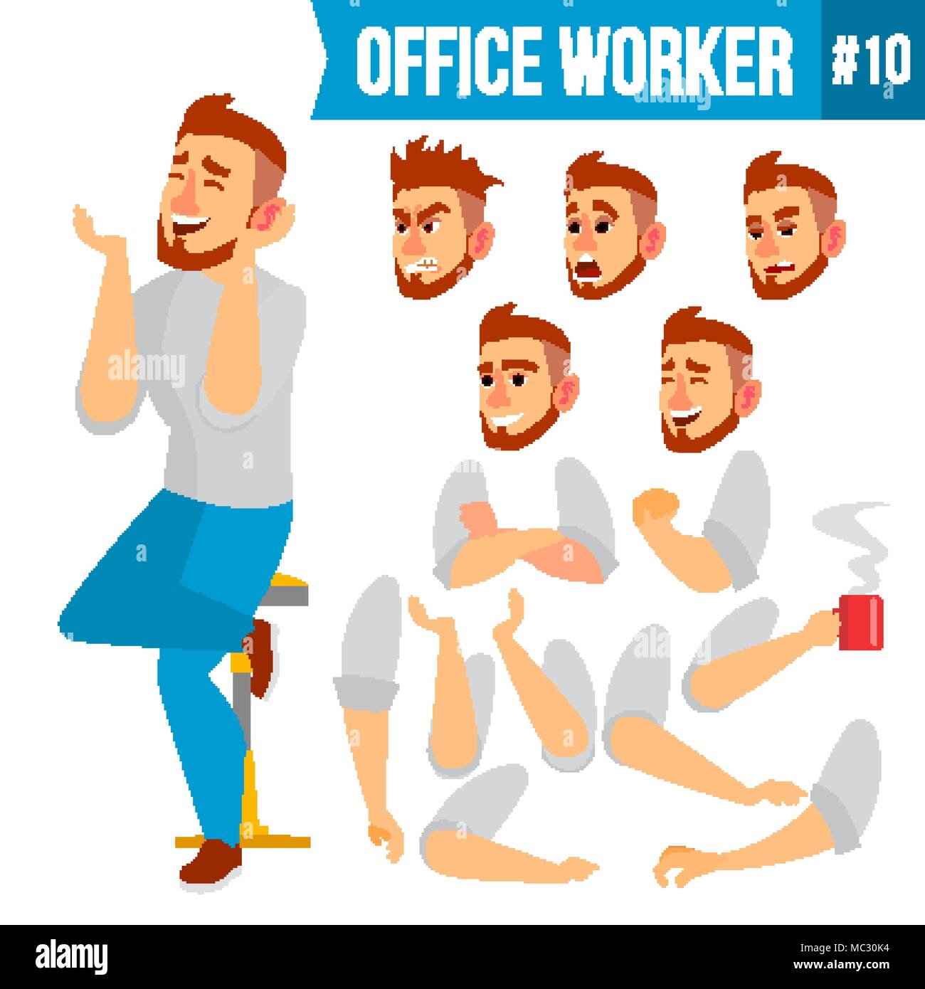 Büroangestellter Vektor. Gesicht Emotionen, verschiedenen Gesten ...