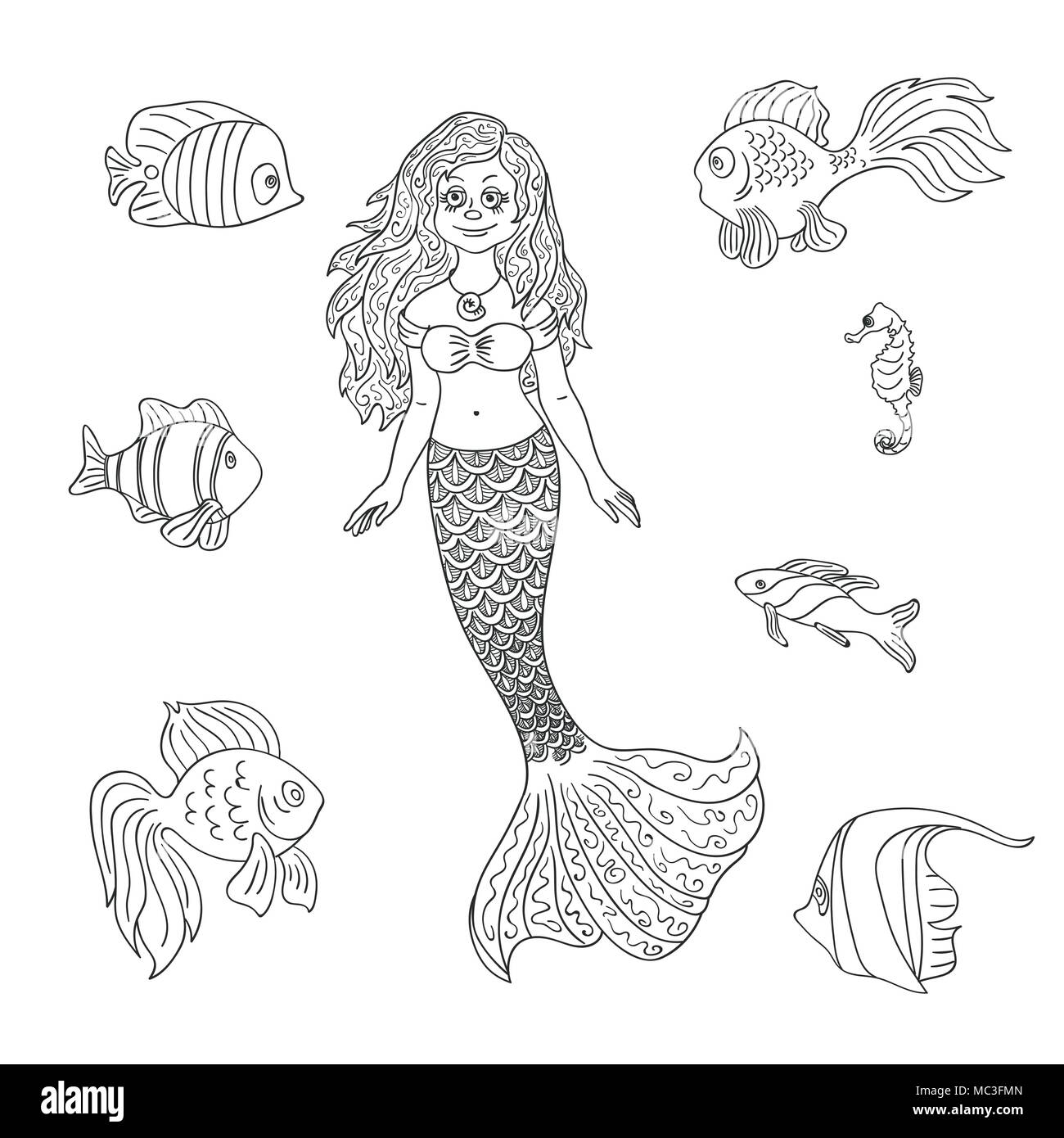 Vektor hübsche kleine Sirene Sirene mit nordseefische Cartoon Stil ...