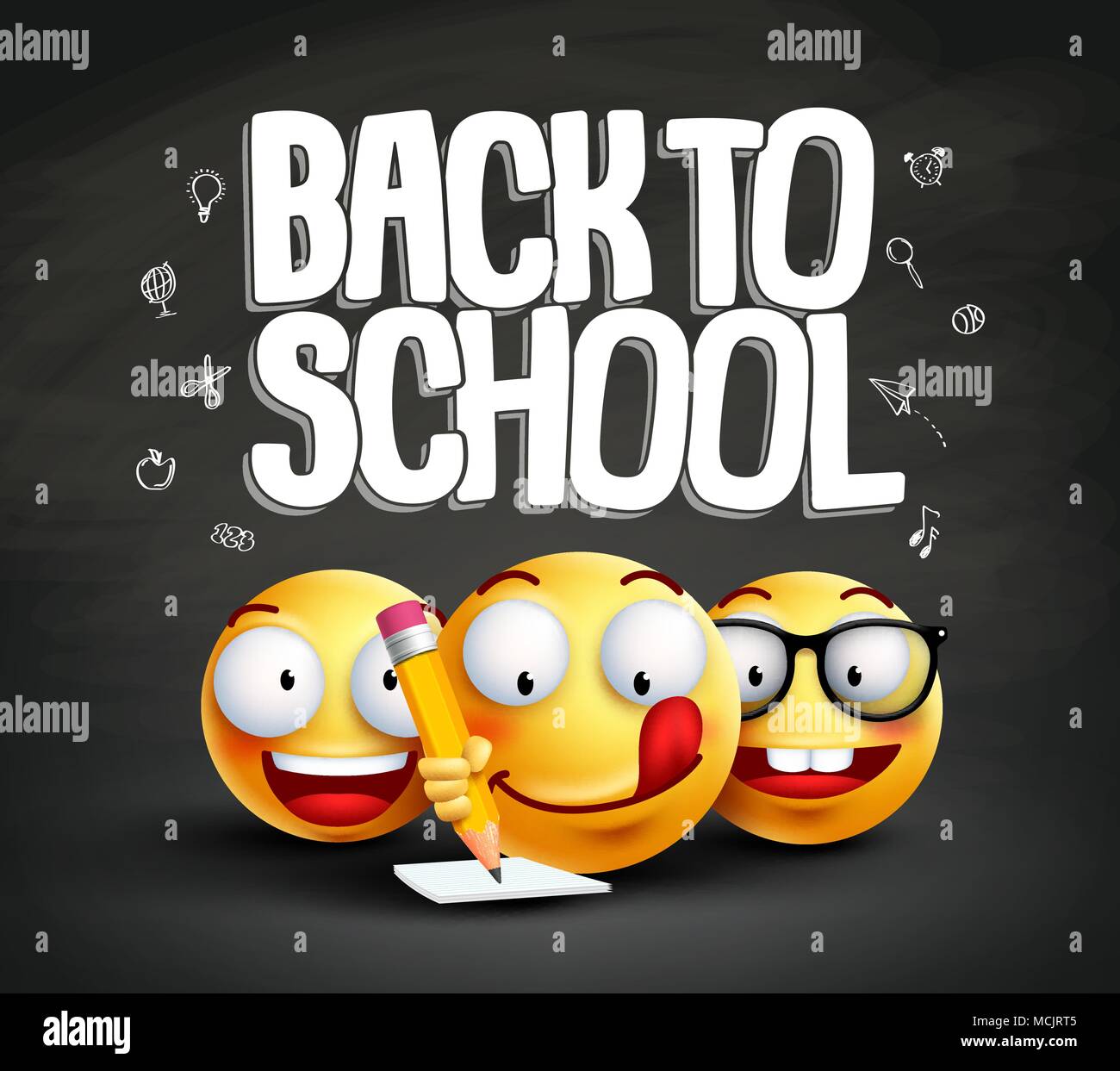 Smiley Emoticons und zurück in die Schule text vector Banner Design ...
