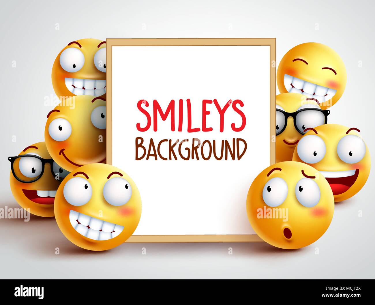 Smileys vector Hintergrund. Gelbe Emoticons mit lustigen und fröhlichen ...
