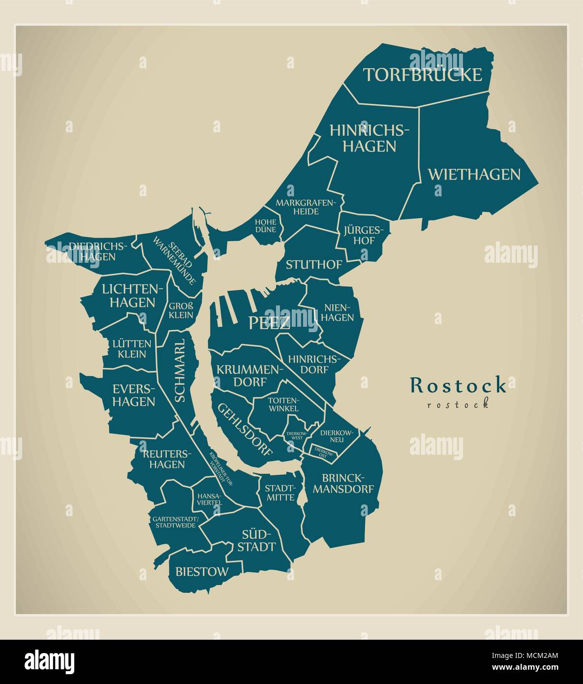 Moderne Stadtplan - Rostock Stadt Deutschlands mit Bezirken und Titel ...