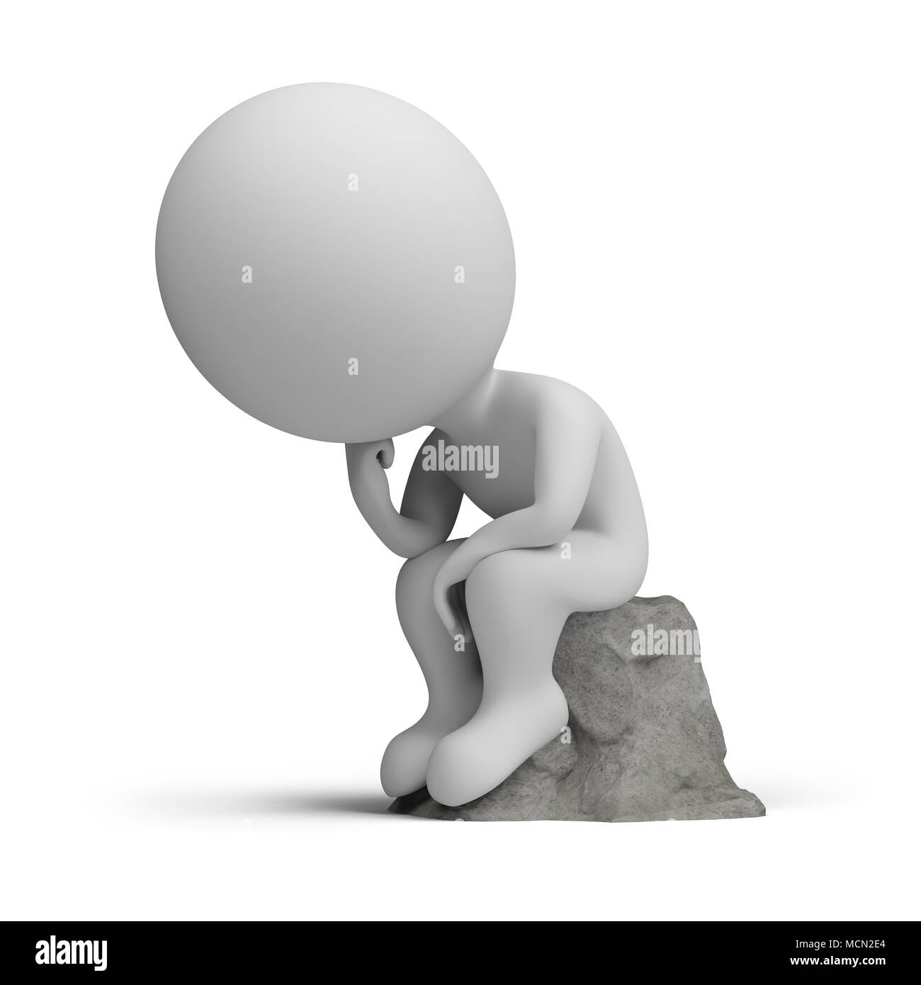 3d kleine Person in einer durchdachten Denker Pose sitzt auf einem ...
