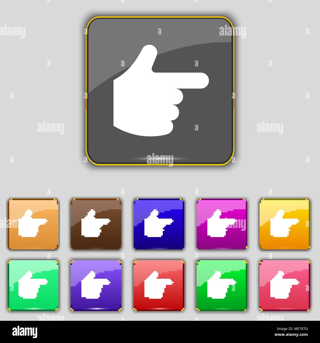 Zeigende Hand Symbol unterzeichnen. Set mit 11 farbigen Buttons für ...