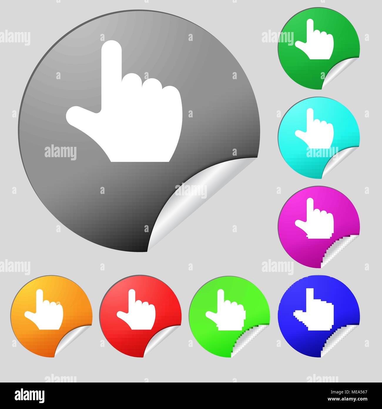 Zeigende Hand Symbol unterzeichnen. Satz von acht bunte runde Buttons ...