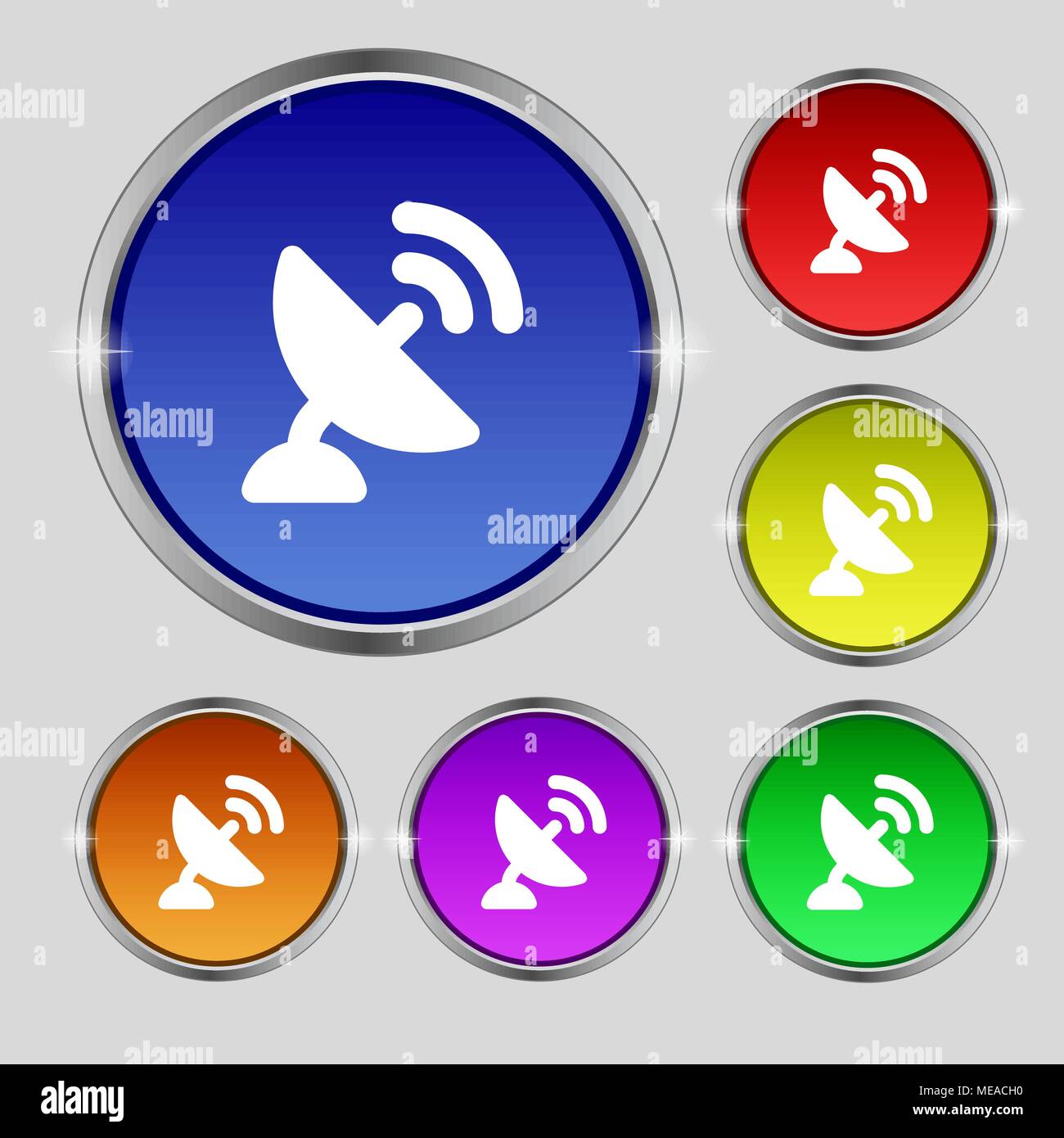 Sat-Antenne Symbol unterzeichnen. Runde Symbol auf hellen farbigen Buttons. Vector Illustration ...