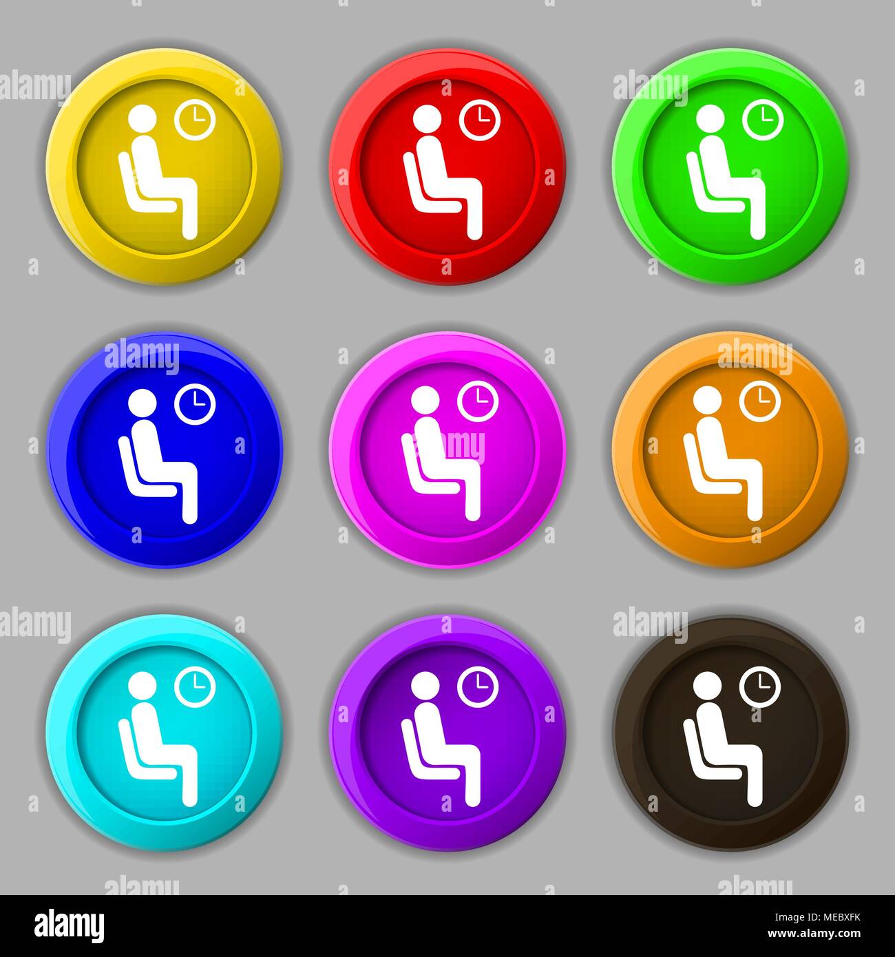 Das Symbol für wartende unterzeichnen. Symbol auf neun Runden farbigen Buttons. Vector ...