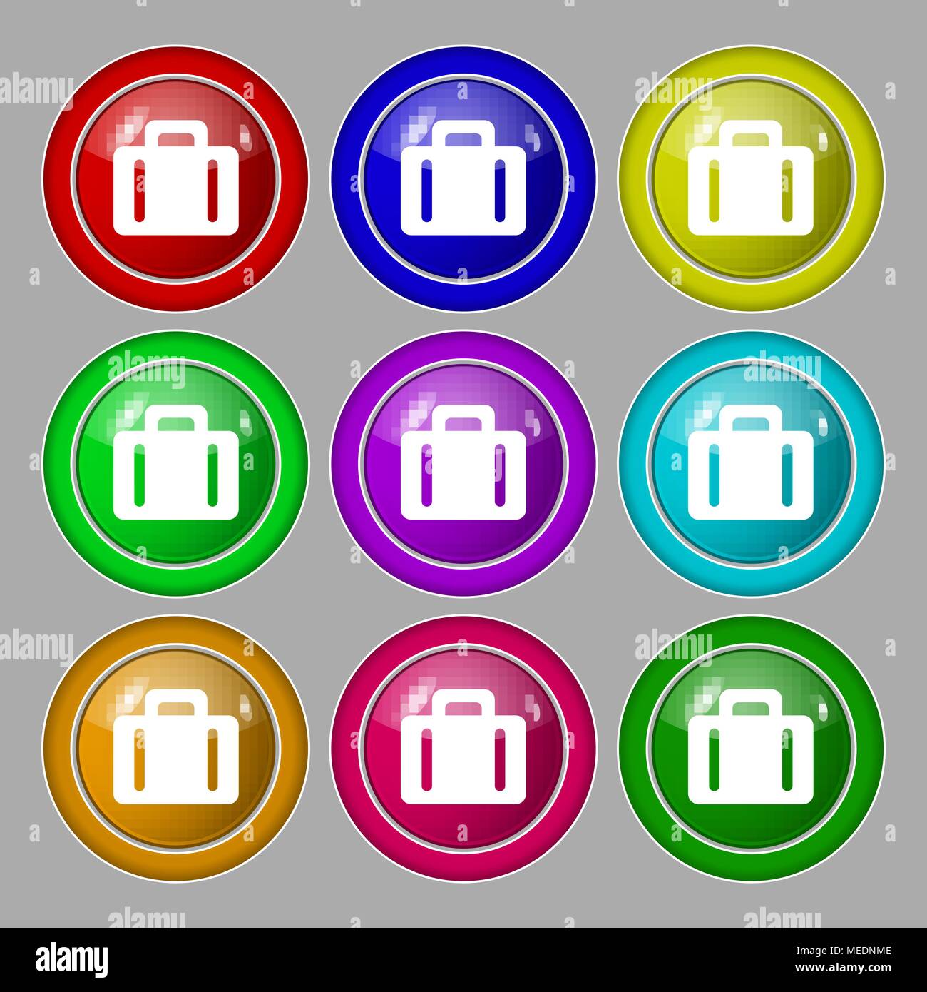 Koffer Symbol unterzeichnen. Symbol auf neun Runden farbigen Buttons. Vector Illustration Stock ...