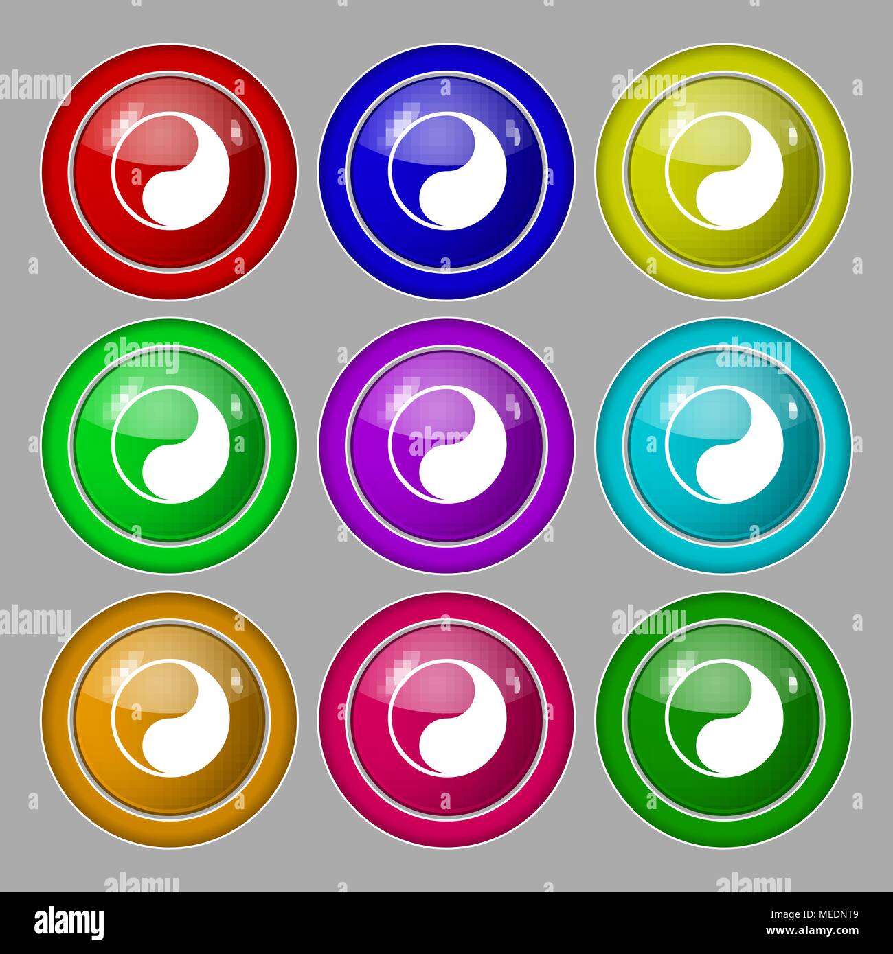 Yin Yang Symbol unterzeichnen. Symbol auf neun Runden farbigen Buttons. Vector Illustration ...