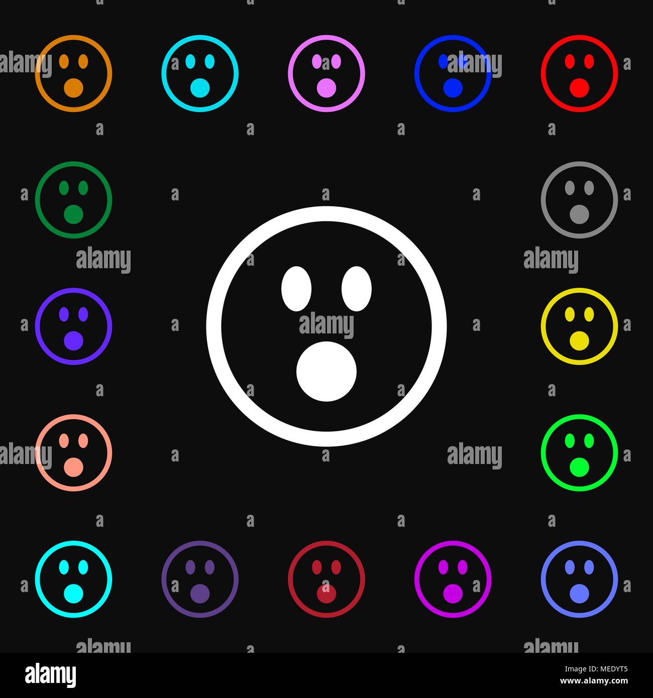 Entsetzte Gesicht Smiley-symbol unterzeichnen. Vielen bunten Symbole ...