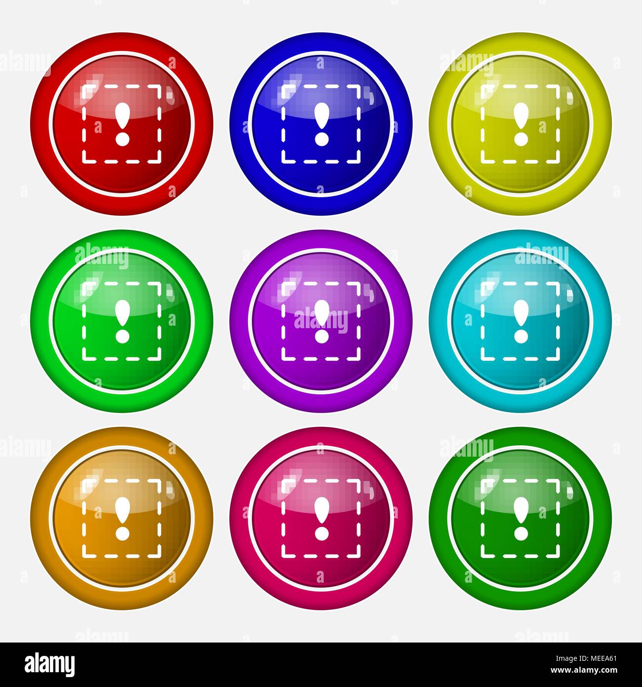 Das Ausrufezeichen in einem Quadrat unterzeichnen. Symbol auf neun Runden farbigen Buttons ...