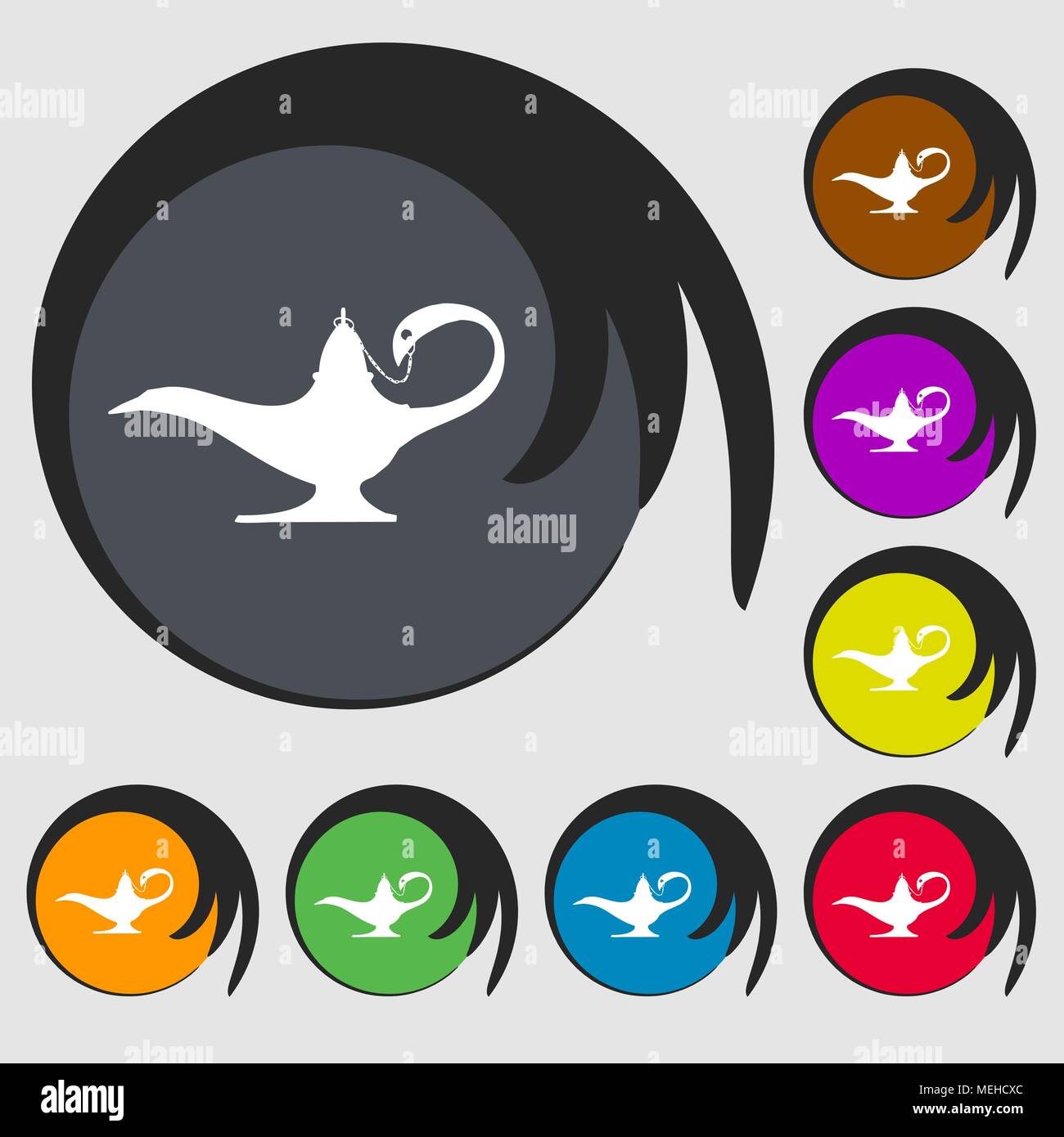 Alladin Lampe genie Zeichen Symbol. Symbole auf acht farbigen Tasten ...