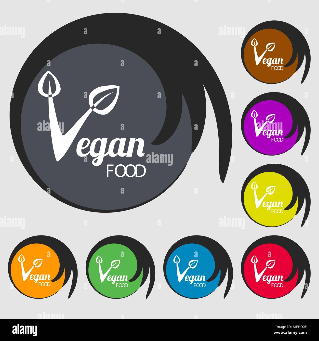 Veganes essen Grafikdesign zeichen Symbol. Symbole auf acht farbigen ...