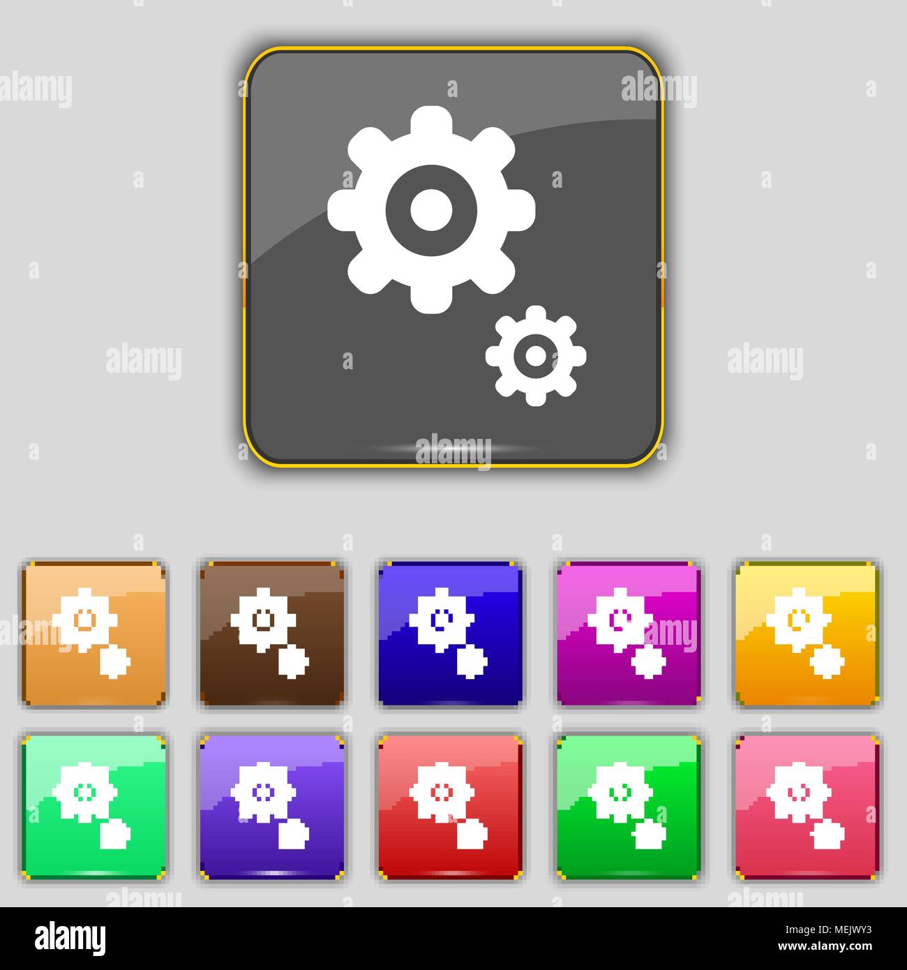 Zahnräder Symbol unterzeichnen. Set mit 11 farbigen Buttons für Ihre Website. Vector ...
