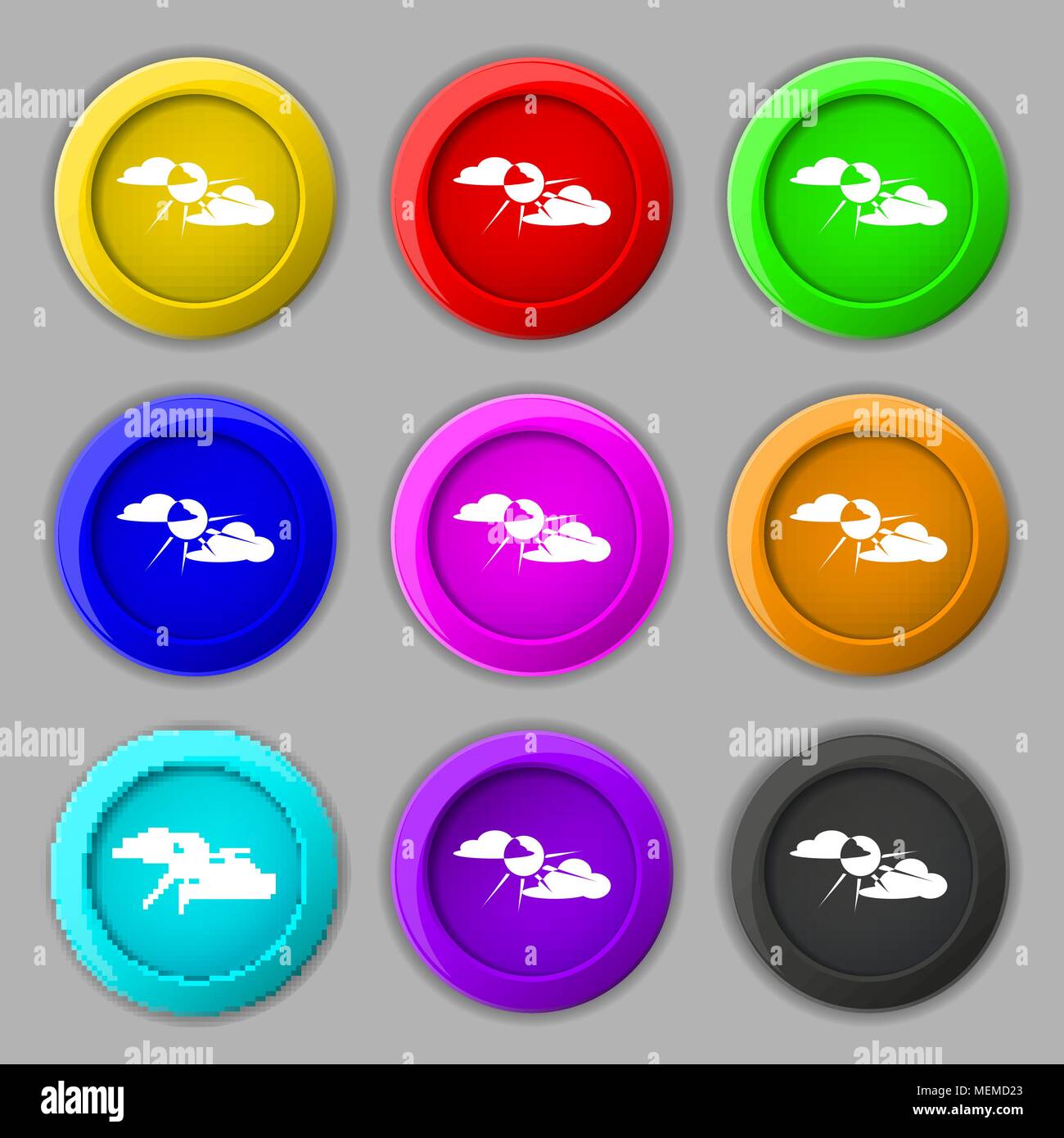 Sonne hinter Wolke Symbol unterzeichnen. Symbol auf neun Runden farbigen Buttons. Vector ...