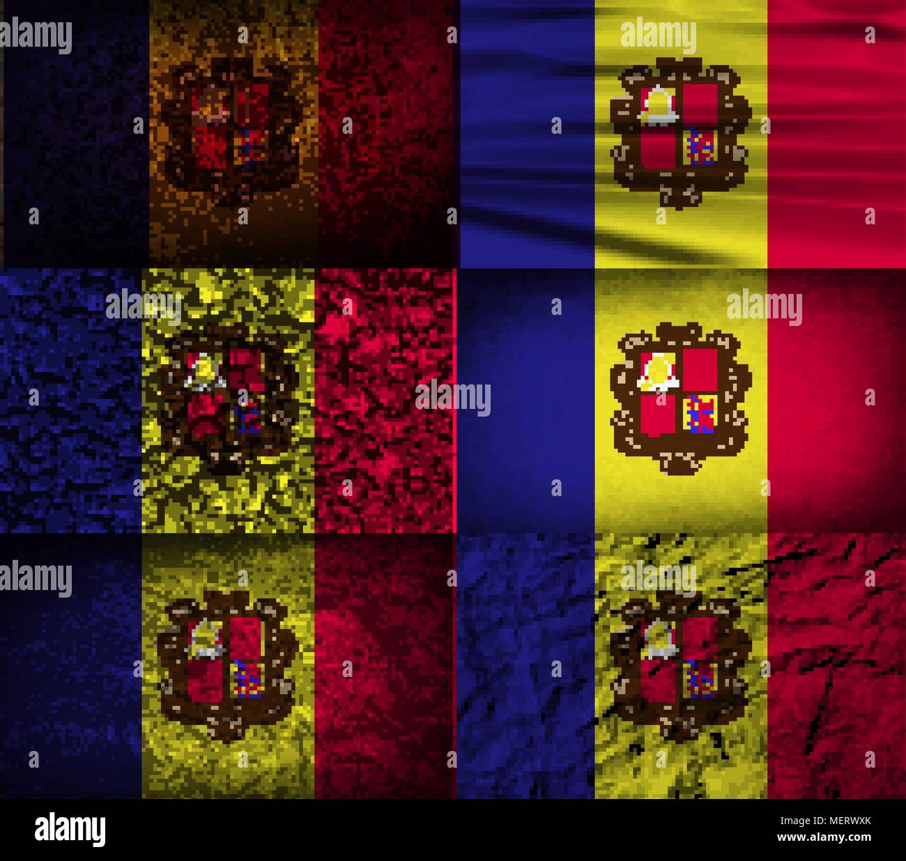 Satz von sechs Flaggen Andorra mit alten Textur. Vector Illustration ...