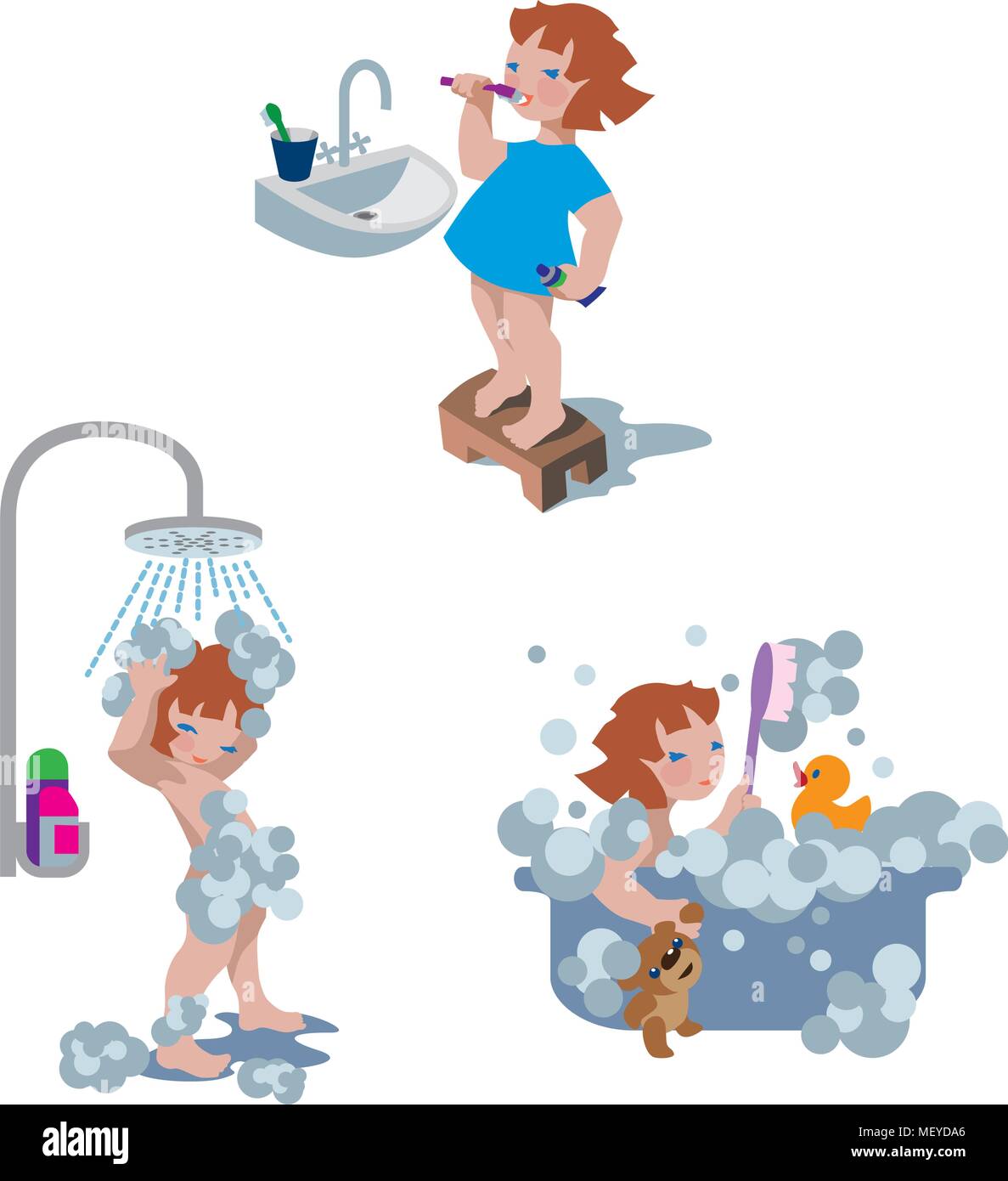 Vector Illustration Des Kleinen Mädchens Einer Dusche Einer Badewanne