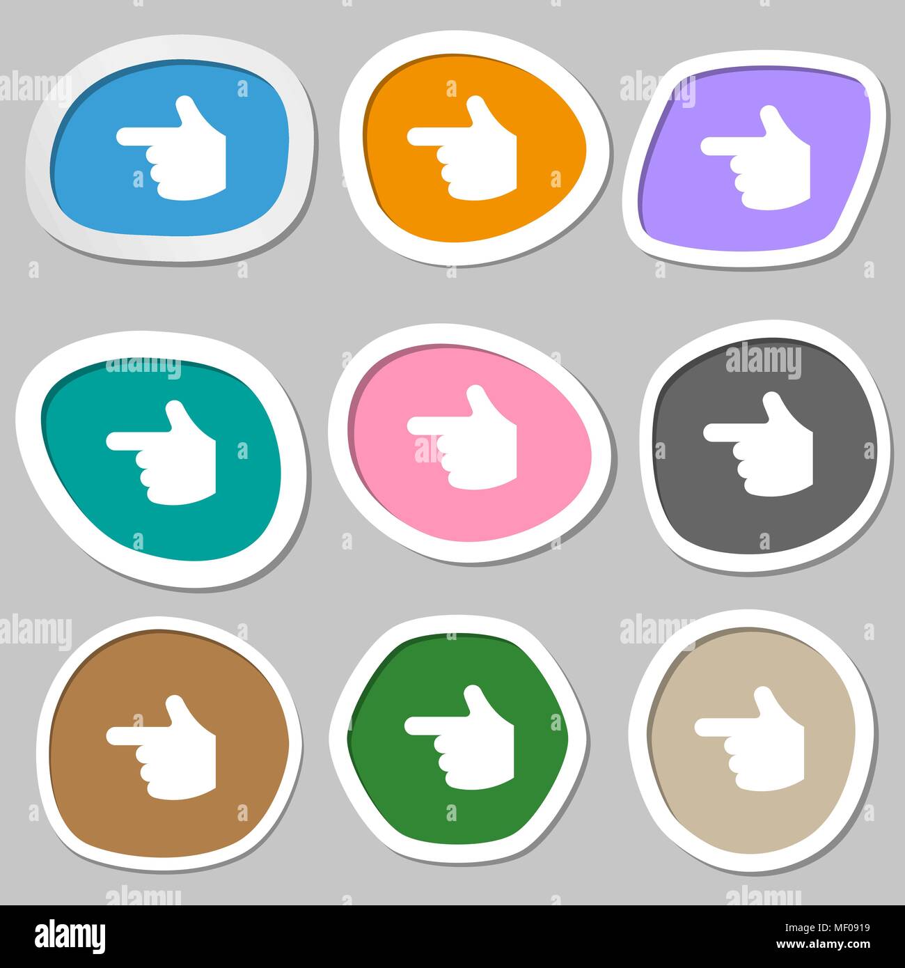 Zeigende Hand Symbol Symbole. Mehrfarbige Aufkleber aus Papier. Vector ...