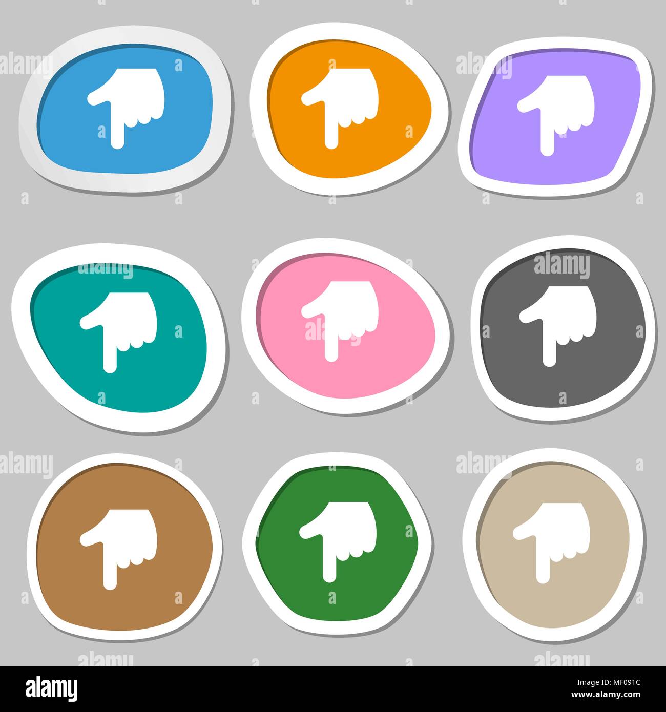 Zeigende Hand Symbol Symbole. Mehrfarbige Aufkleber aus Papier. Vector ...