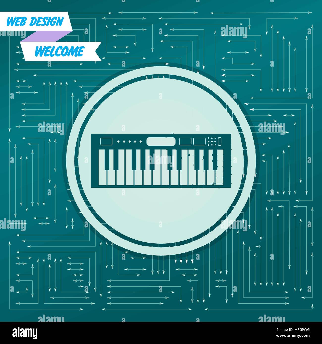 Synthesizer Symbol auf einem grünen Hintergrund, mit Pfeile in ...