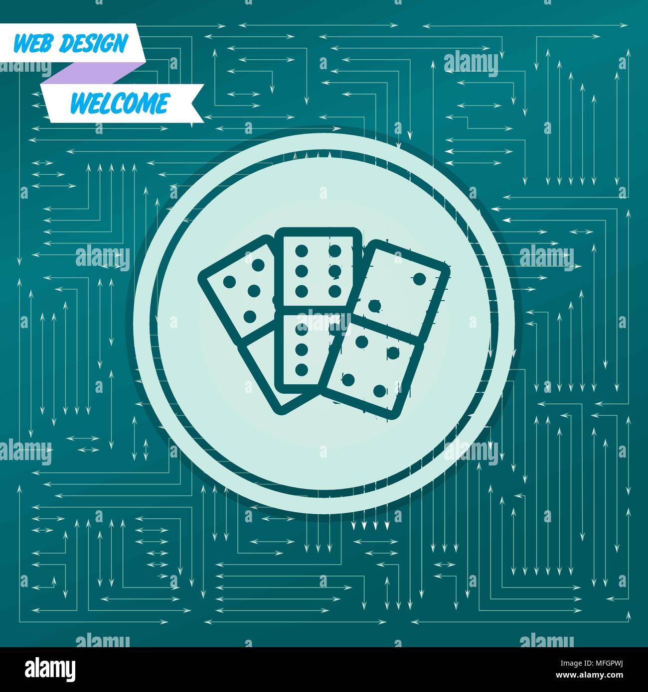 Domino Symbol auf einem grünen Hintergrund, mit Pfeile in verschiedene ...