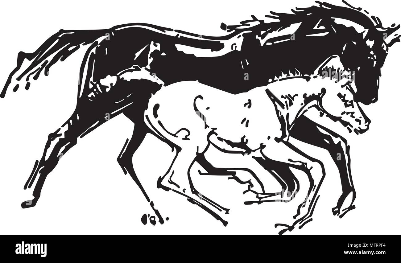 Stute und Fohlen - Retro Clipart Illustration Stock-Vektorgrafik - Alamy