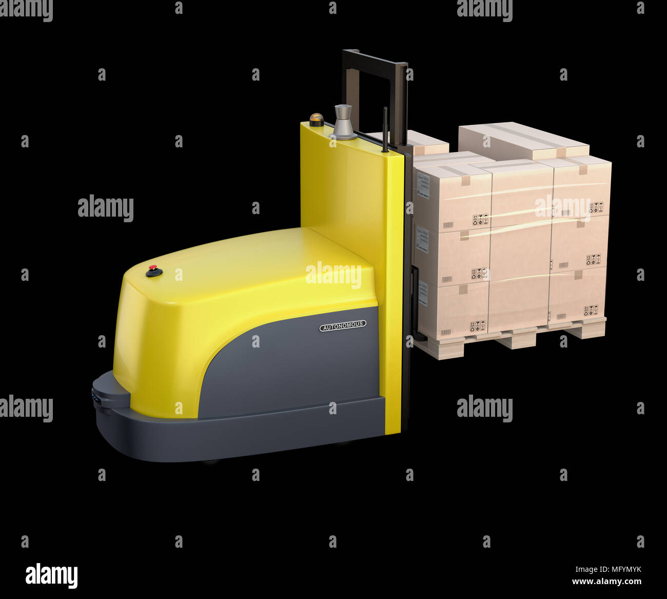 Autonomer Gabelstapler die Palette auf schwarzem Hintergrund isoliert ...