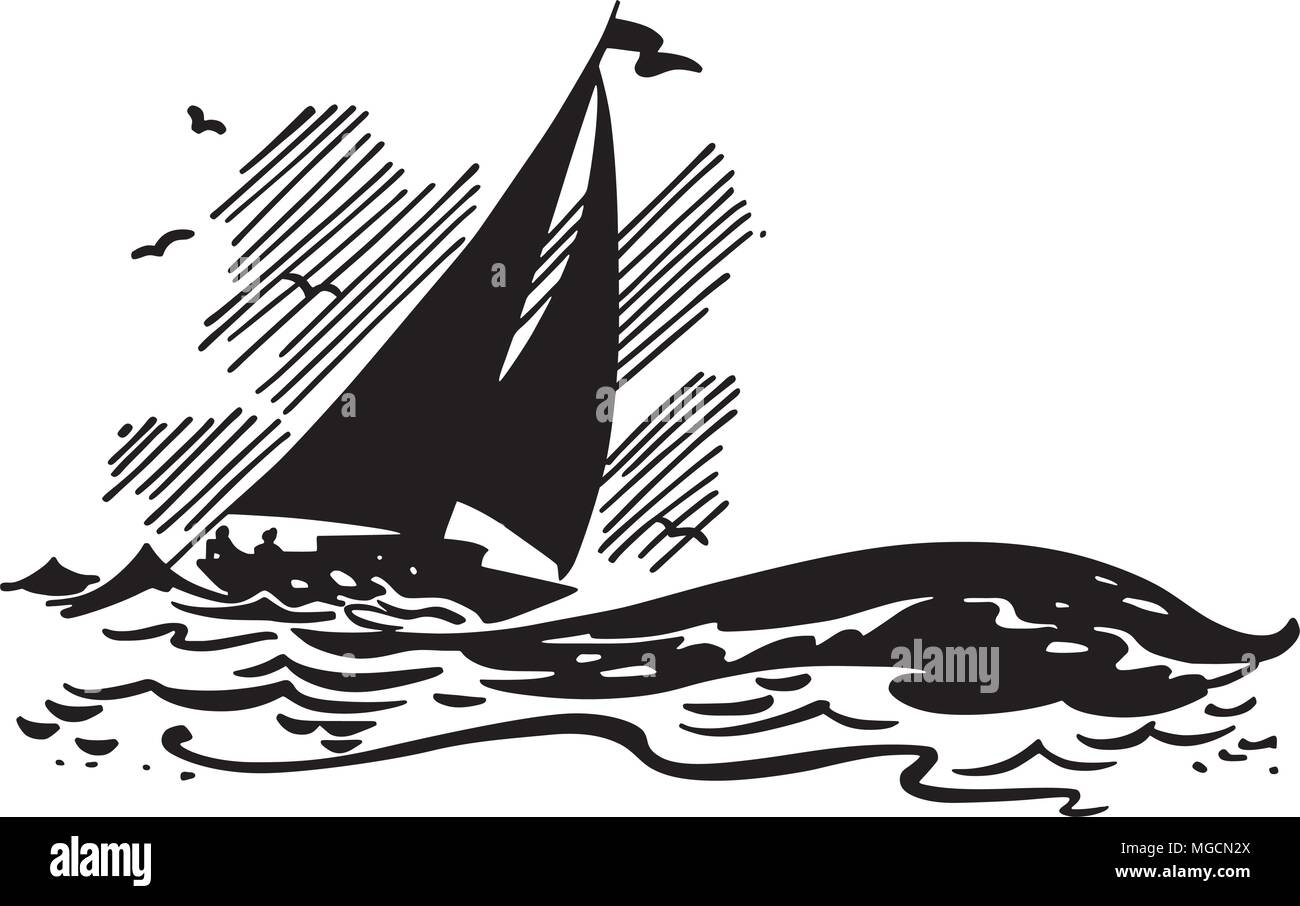 Segelboot auf große Wellen - Retro Clipart Illustration Stock ...