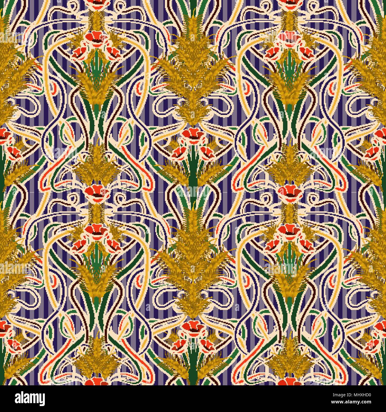 Nahtlose Muster mit Weizen und Blumen im Jugendstil, Vector ...