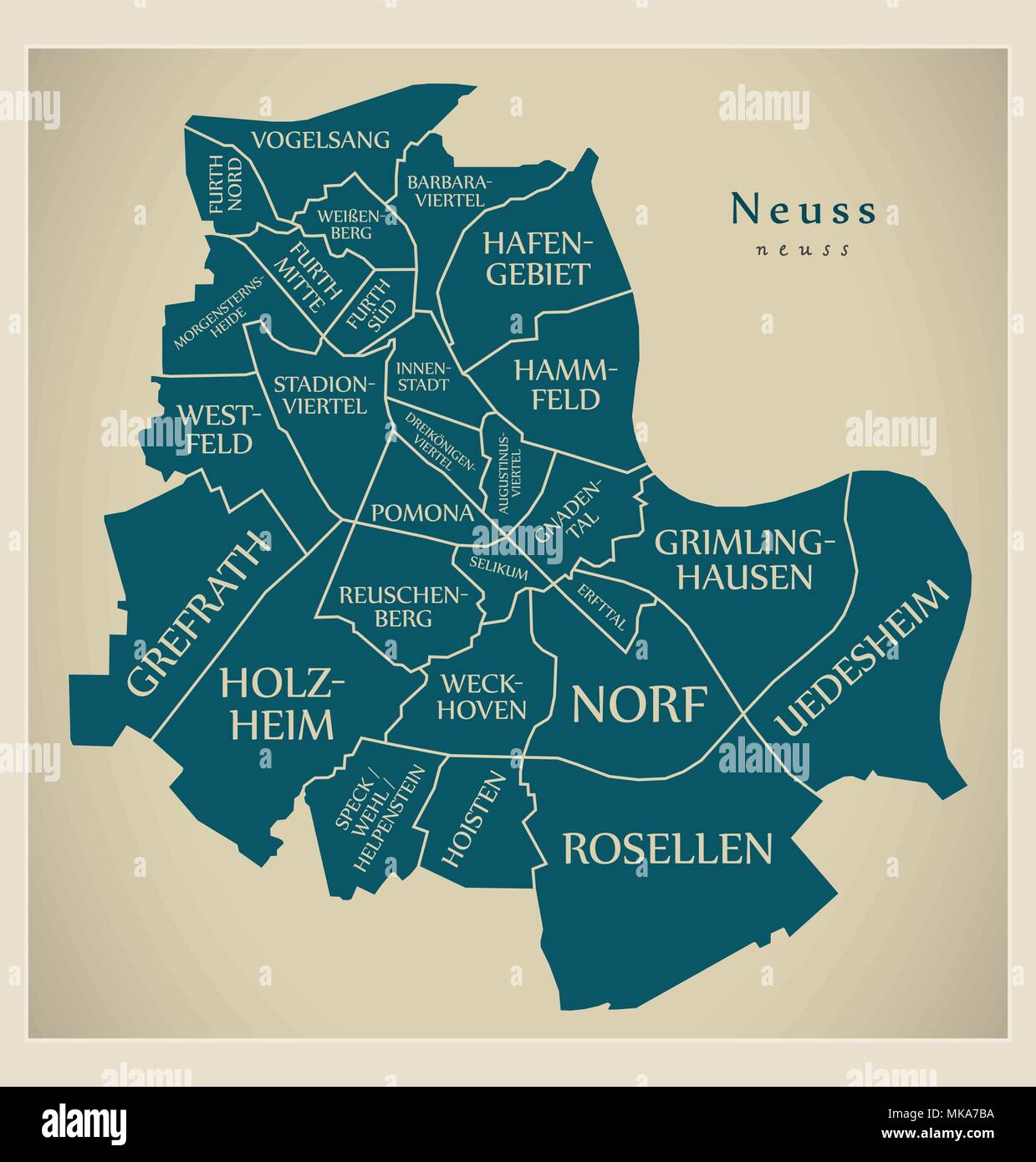 Moderne Stadtplan - Neuss Stadt Deutschlands mit Bezirken und Titel DE ...