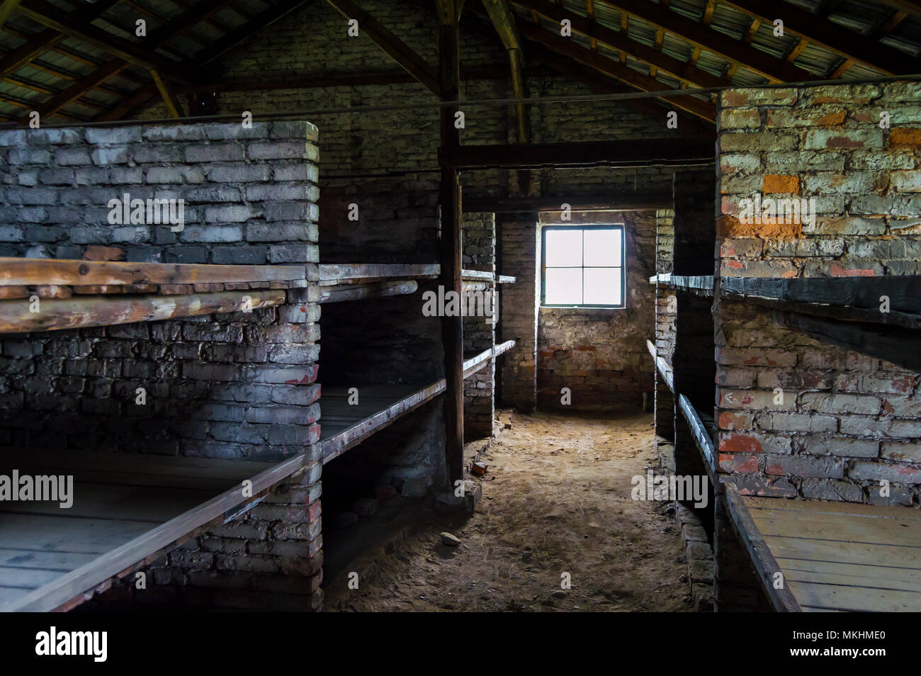 Betten der weiblichen Gefangenen in einer Baracke von Auschwitz II ...