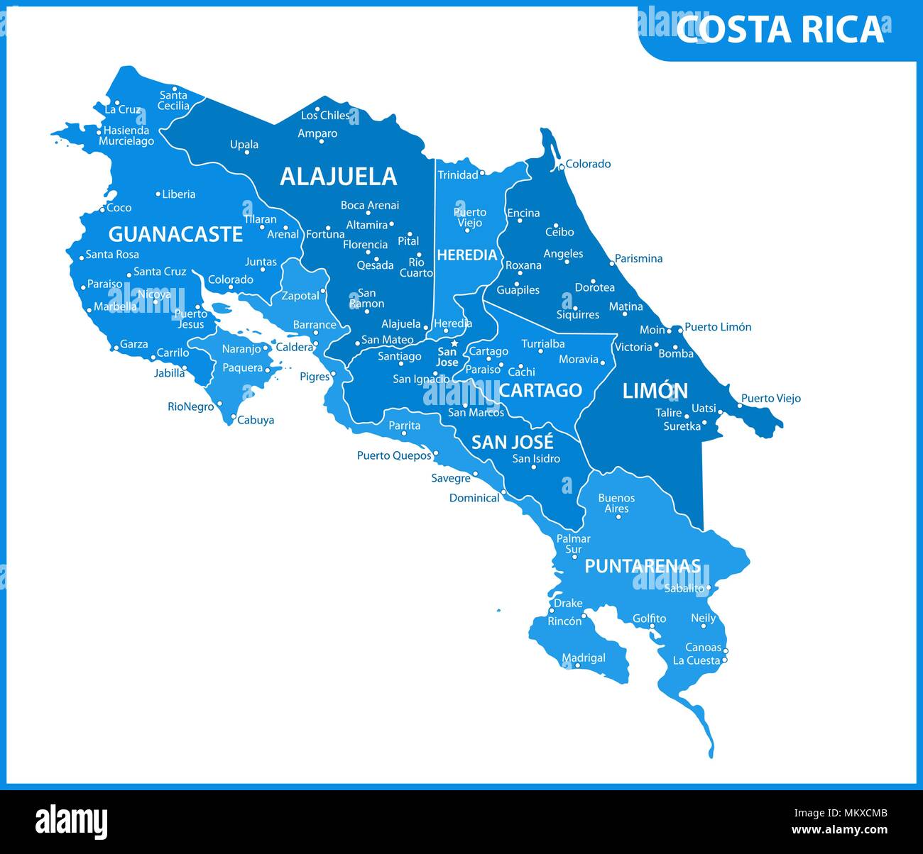 Die detaillierte Karte von Costa Rica mit Regionen oder Staaten und ...