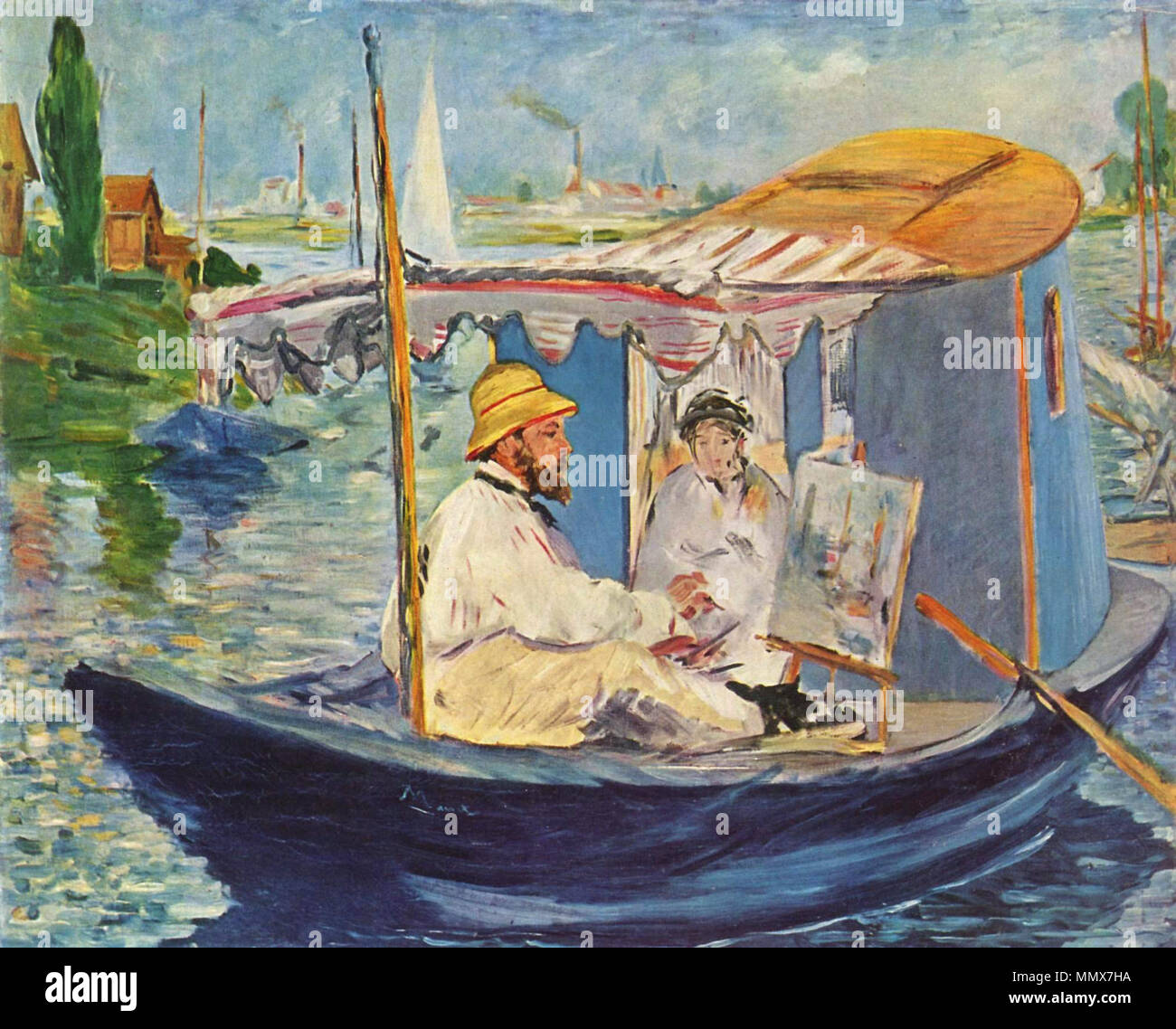 . Impressionistische Portrait von Claude Monet Malerei, in einem Boot auf der Seine bei ...