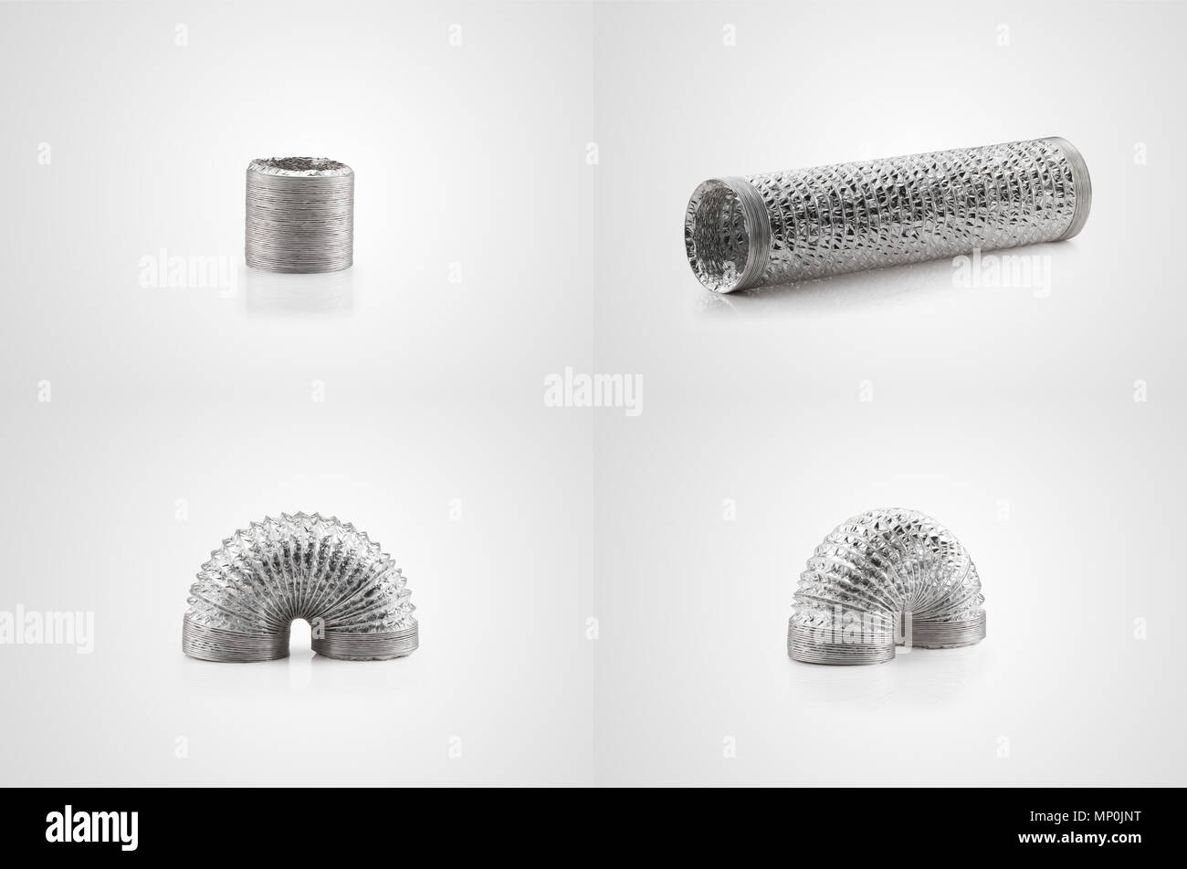 Flexible Luftleitung aus Aluminium Folie auf weißem Hintergrund. Serie ...