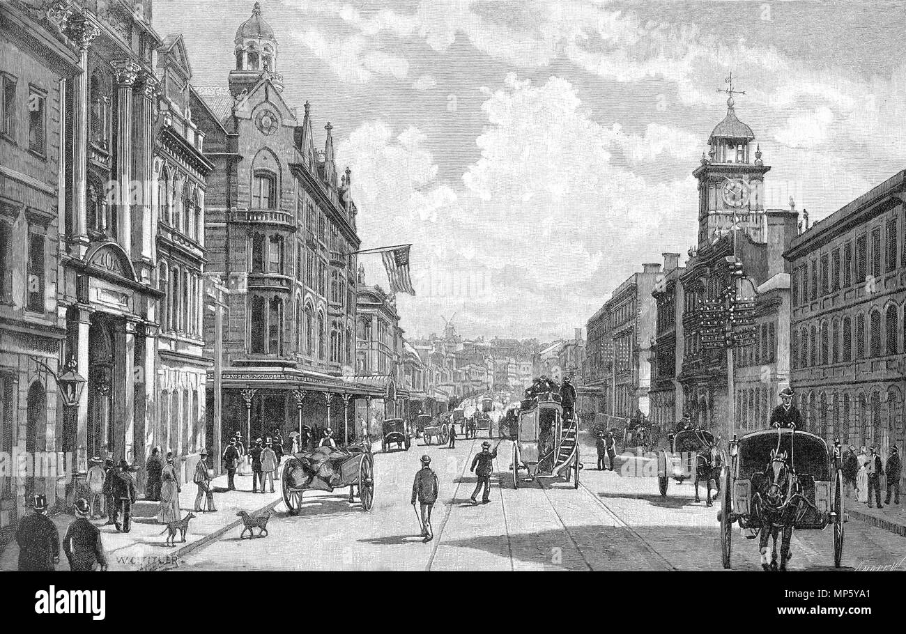 Gravur in der Queen Street, Auckland, Neuseeland, in den 1880er Jahren ...