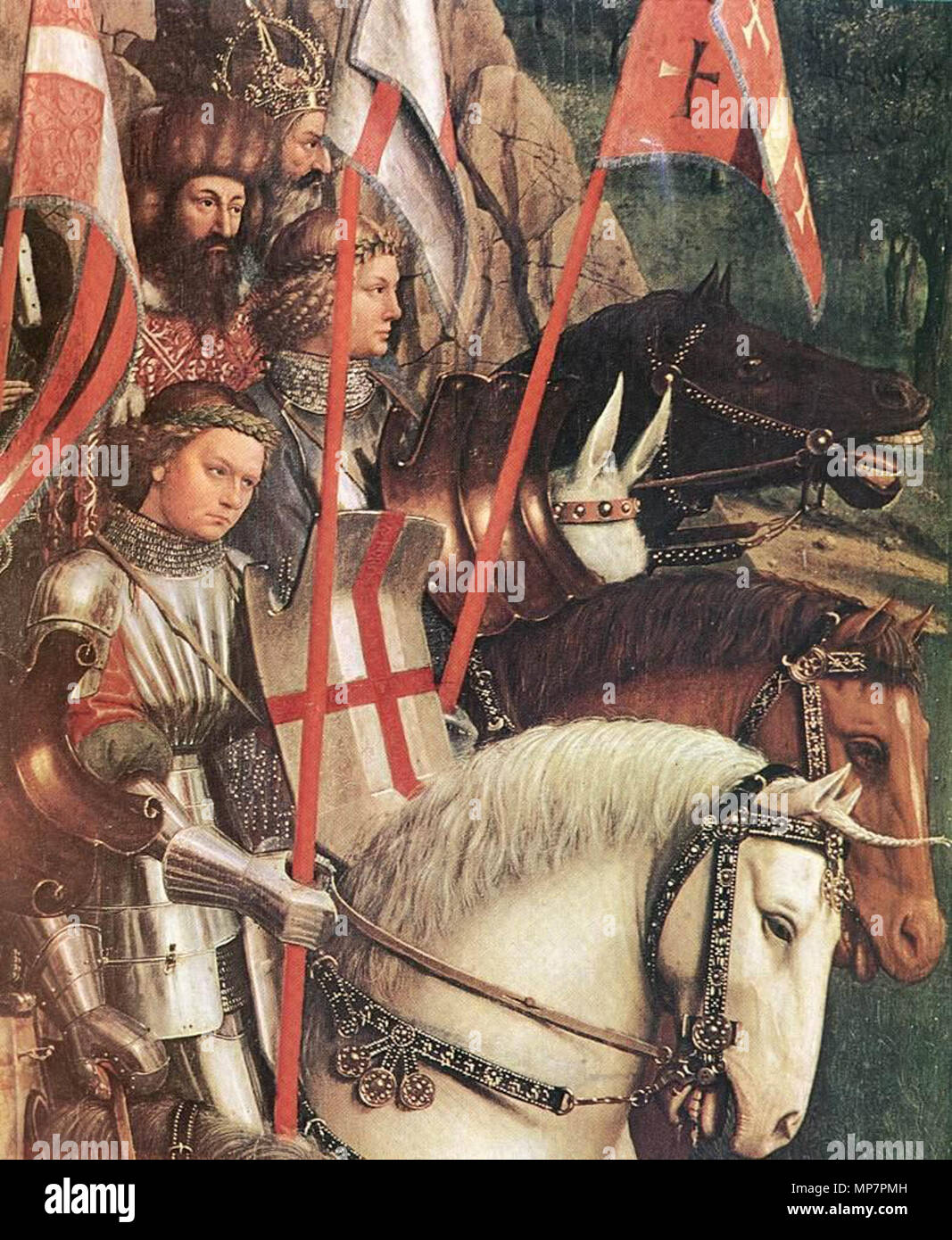 Deutsch: Das Genter Altarbild: Die Soldaten Christi (Detail) zwischen ...