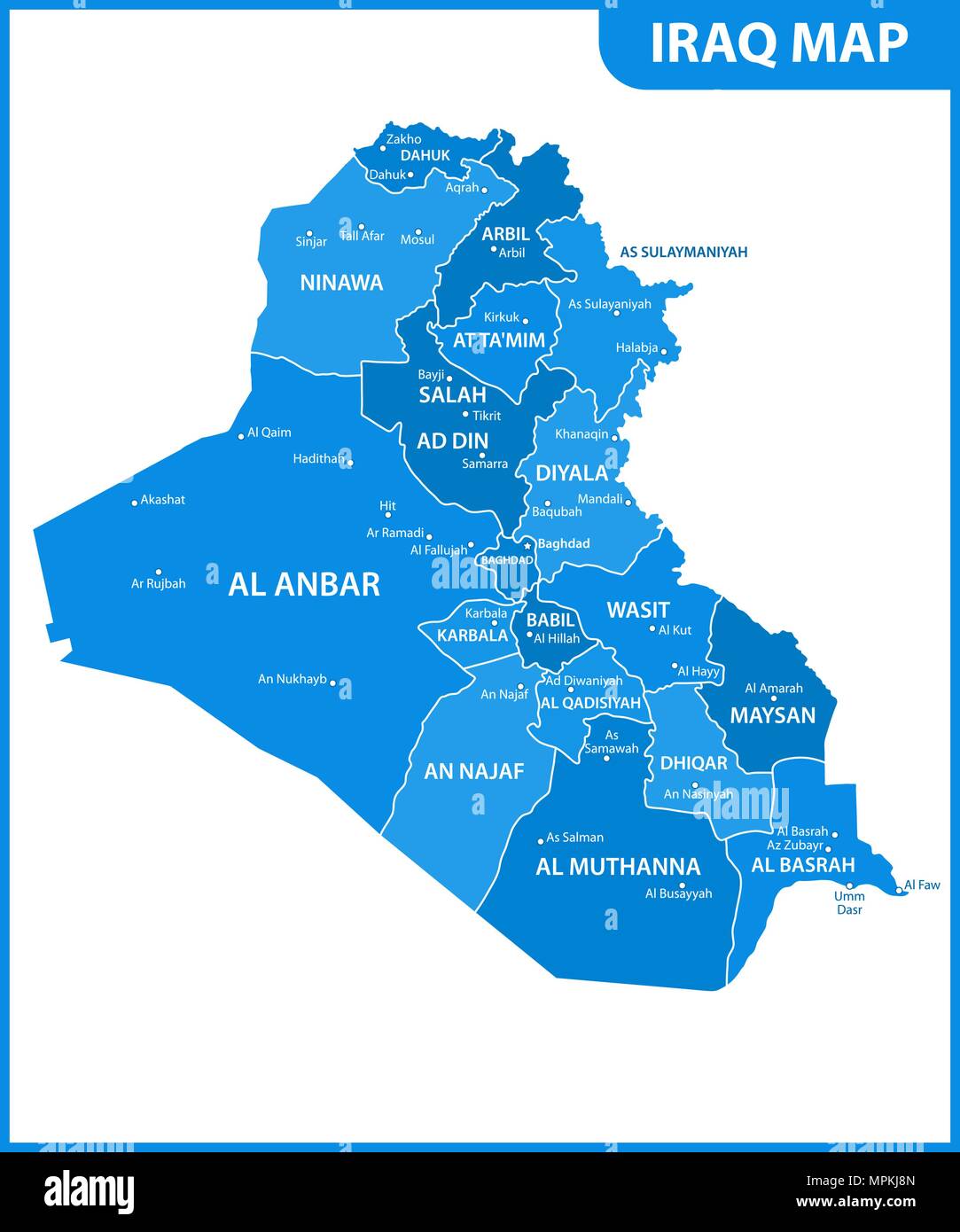 Die detaillierte Karte des Irak mit Regionen oder Staaten und Städte ...