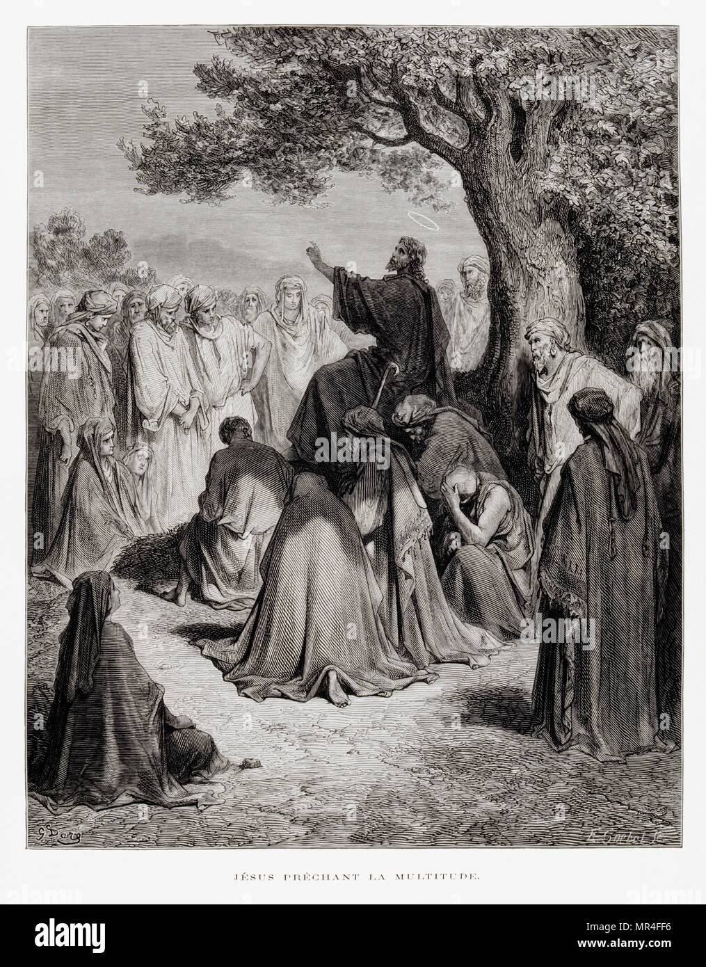 Jesus predigen die Bergpredigt, Abbildung aus dem Dore Bibel 1866. In ...
