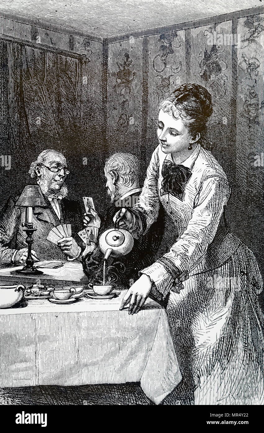 Abbildung: Darstellung Männer spielen Karten, im Vordergrund eine junge ... Abbildung: Darstellung Männer spielen Karten, im Vordergrund eine junge ...