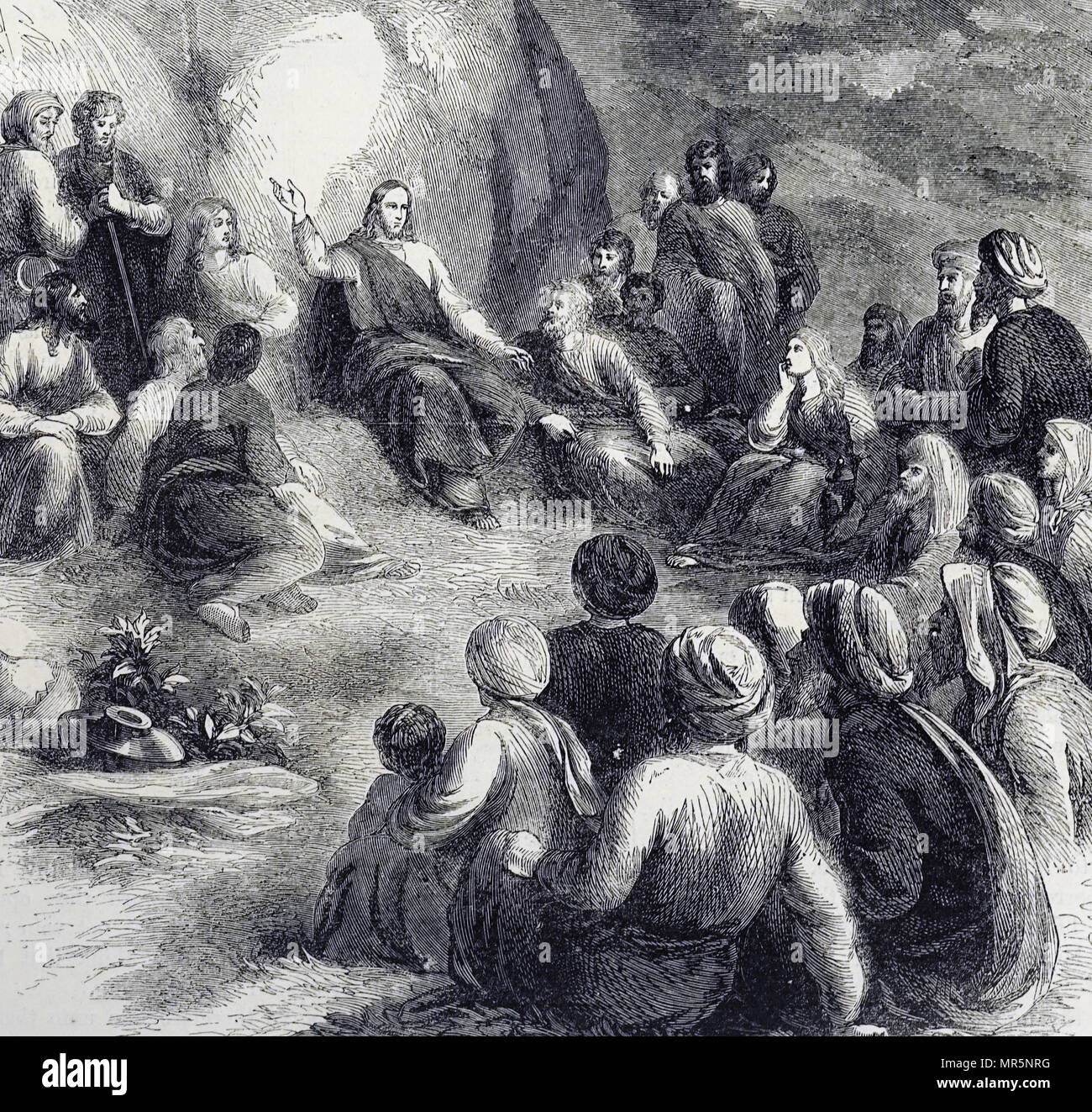 Gravur, die Jesus seine Predigt auf den Berg, die er mit den acht Segnungen geöffnet. Vom 19 ...