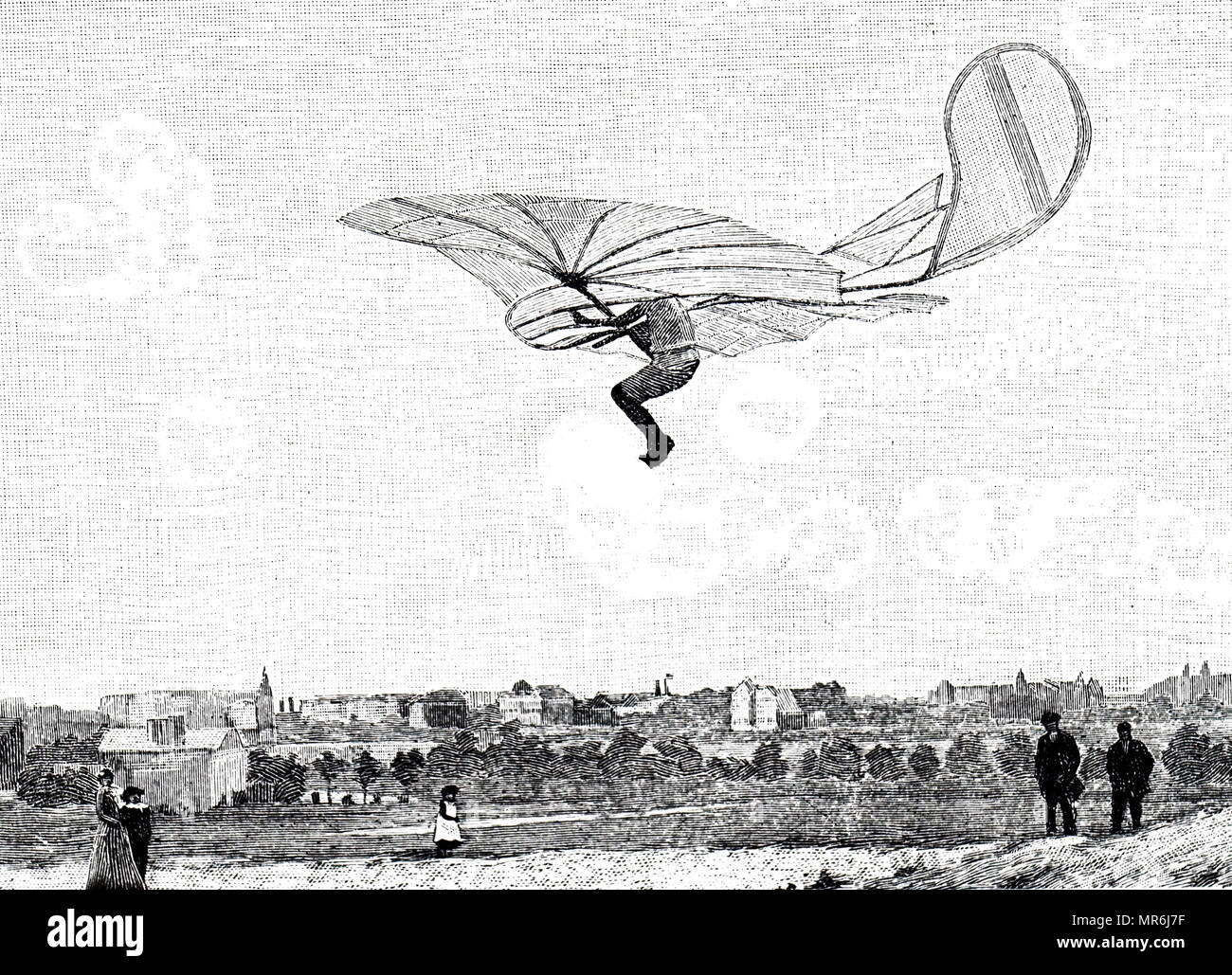 Gravur, Otto Lilienthal sein Segelflugzeug fliegen. Otto Lilienthal ...