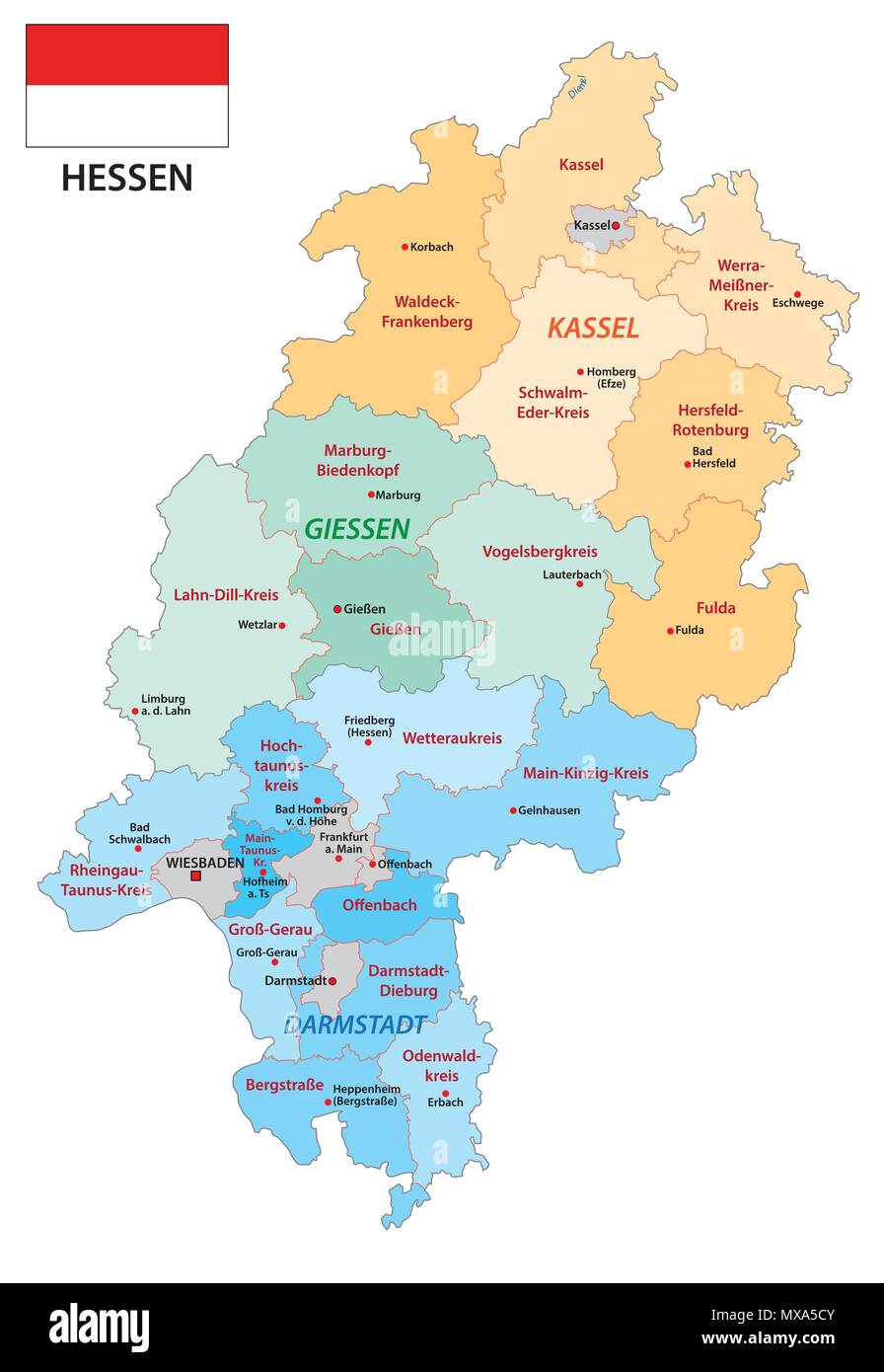 Hessen administrative und politische Vektorkarte mit Fahne in deutscher ...
