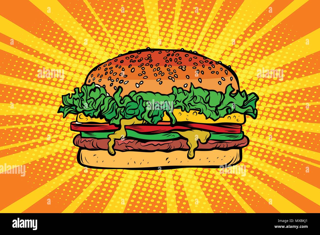 Fast Food Burger, hamburger. Comic cartoon Pop Art retro Vektor ...