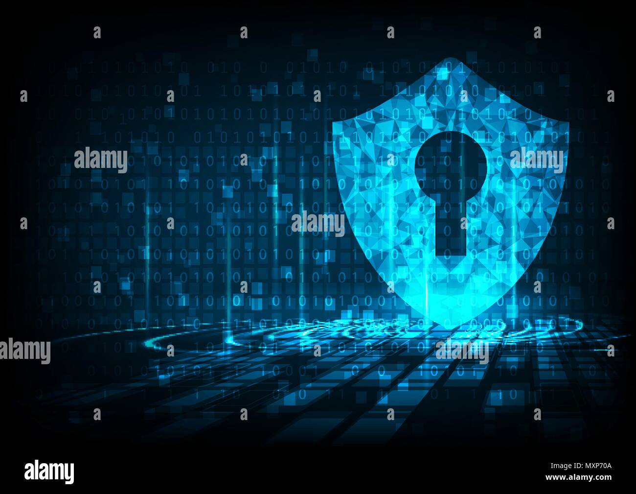 Cyber Security Konzept: Schild mit Schlüsselloch Symbol auf digitale Daten Hintergrund. Zeigt ...