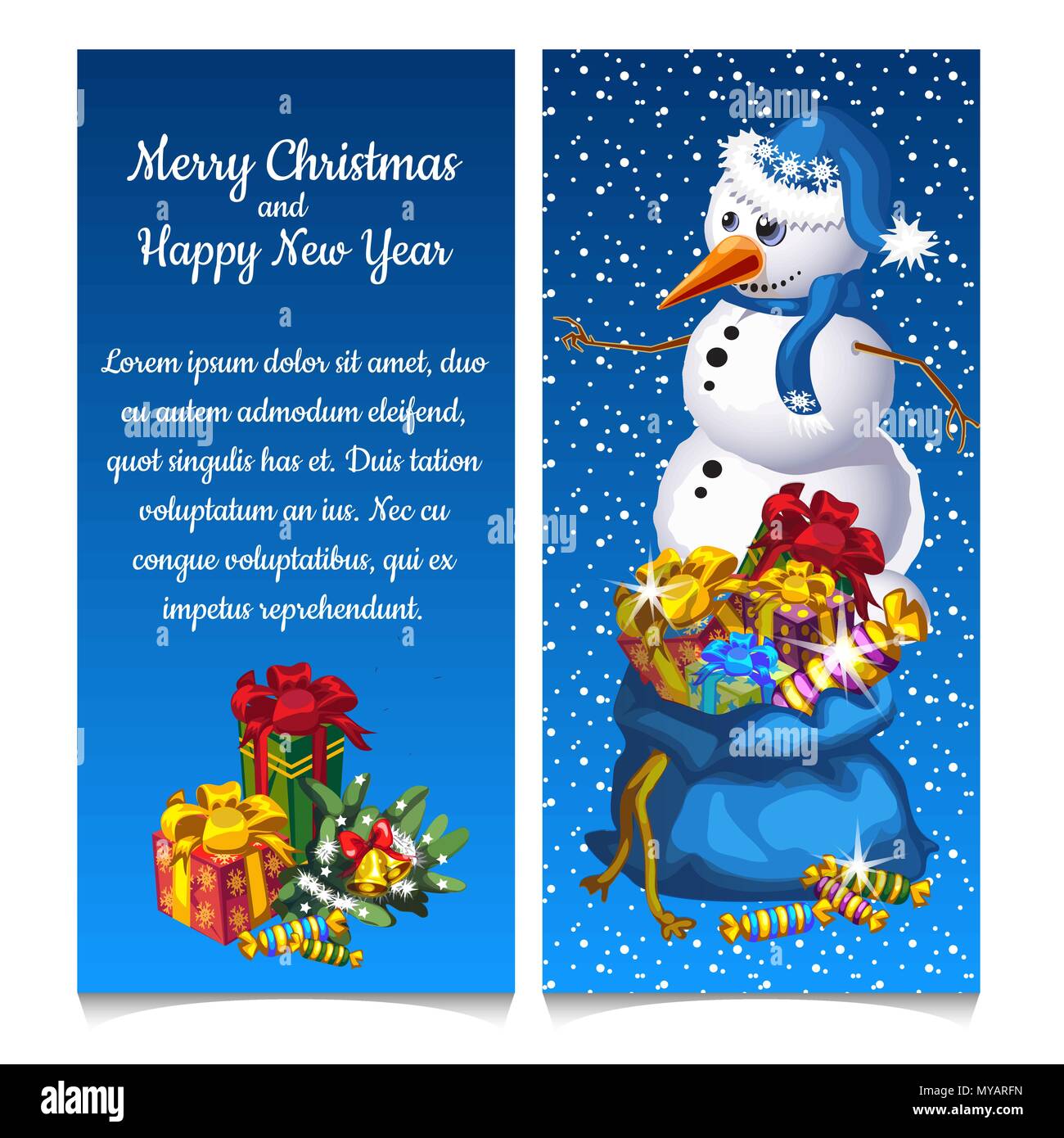 Doppelte senkrechte Karte mit Schneemann mit Beutel der Geschenke ...
