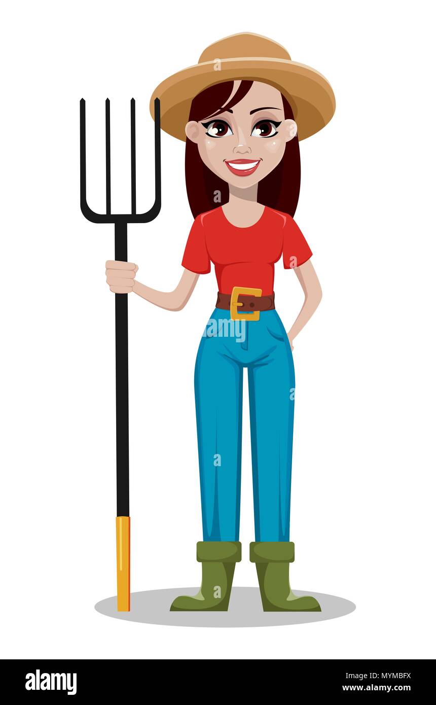 Frau Bauer cartoon Charakter. Fröhliche Gärtner Frau rancher Holding ...