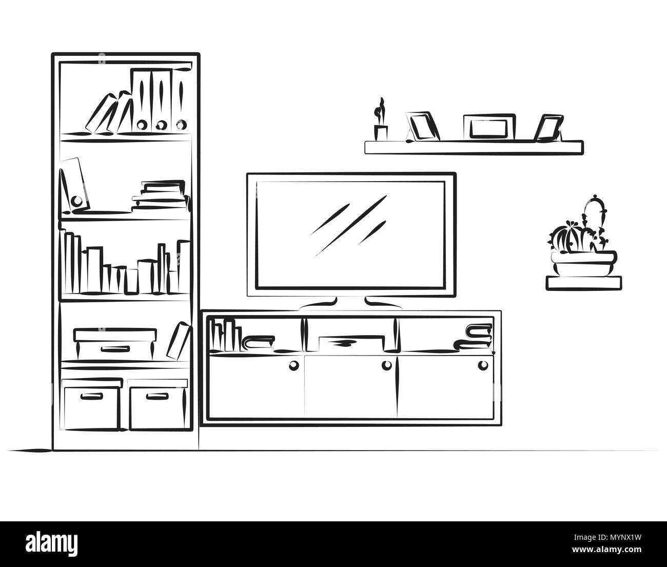 Lineare Skizze des Innenraums. Bücherregal, Kommode mit TV und Regale ...