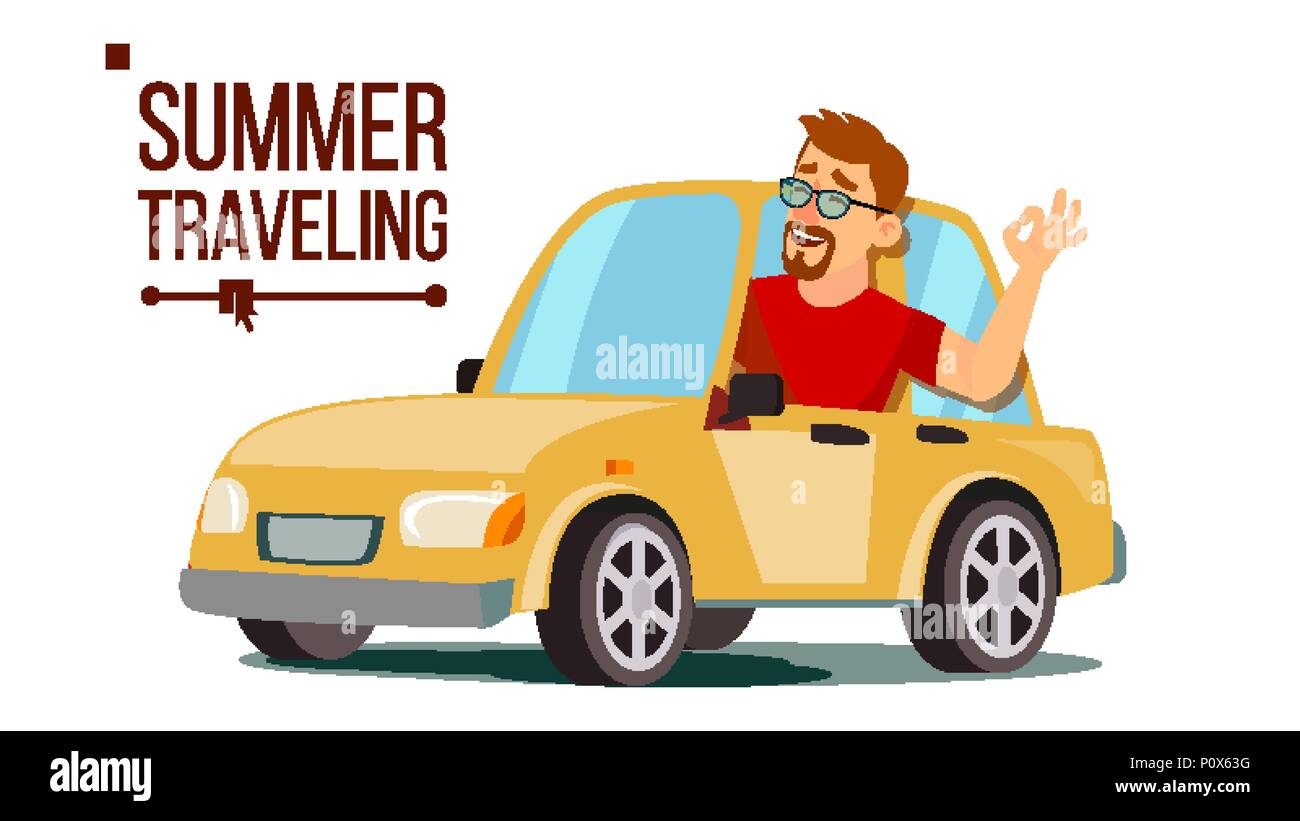 Mann mit dem Auto Vector Reisen. Junge In den Sommerferien. Fahrten im ...