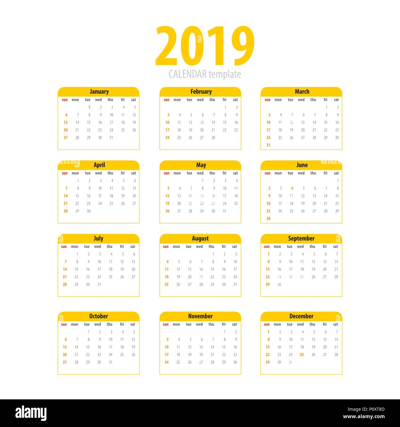 Druckbare Kalender 2019 einfache Vorlage Stock-Vektorgrafik - Alamy
